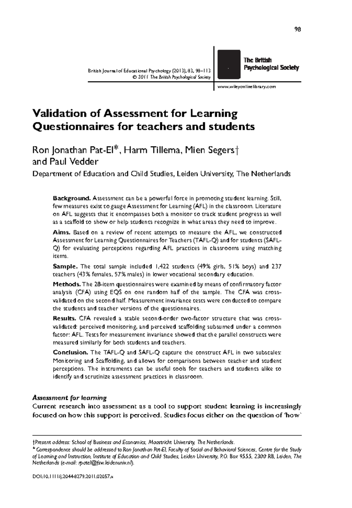 Pat-El et al. - 2013 - Validation of Assessment for Learning ...