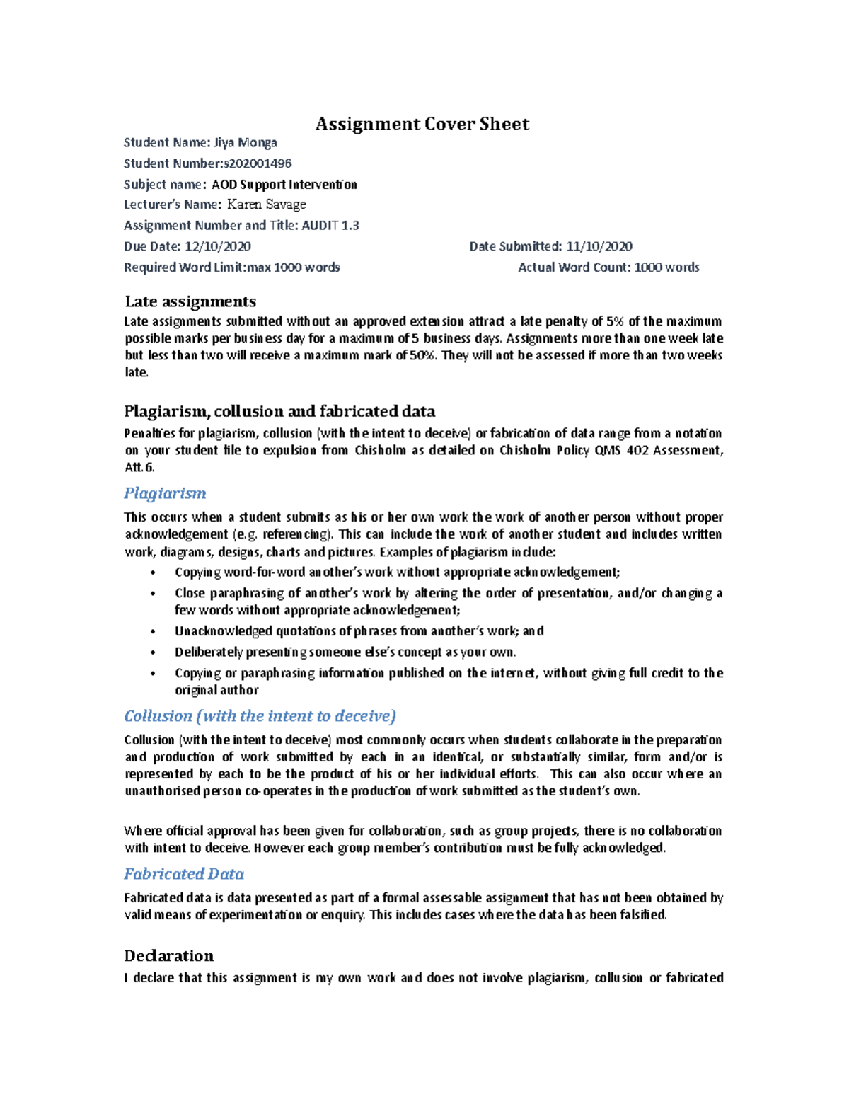 Audit AOD1 - notes - Assignment Cover Sheet Student Name: Jiya Monga ...