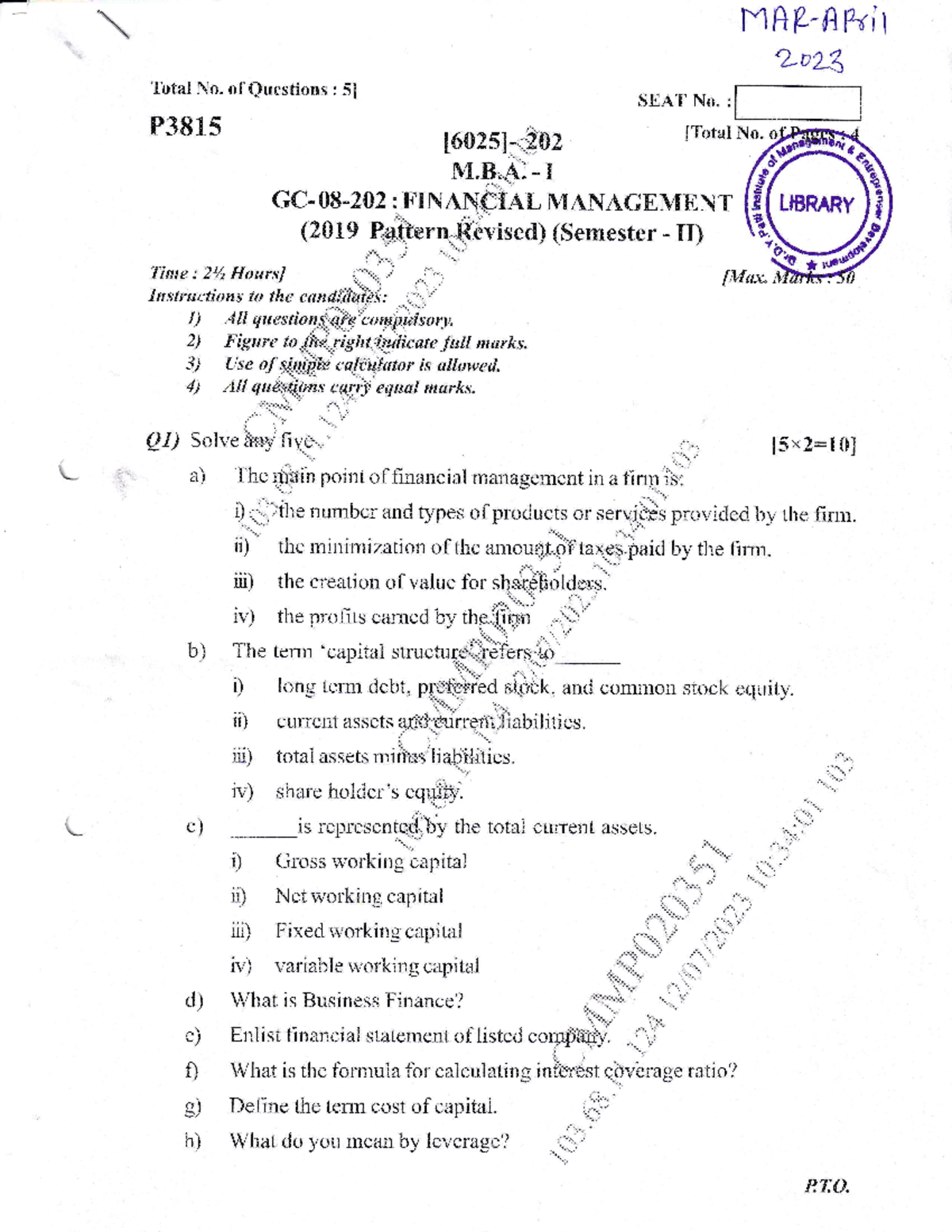 202 REV MAR April 2023 - Question paper of the university mba program ...