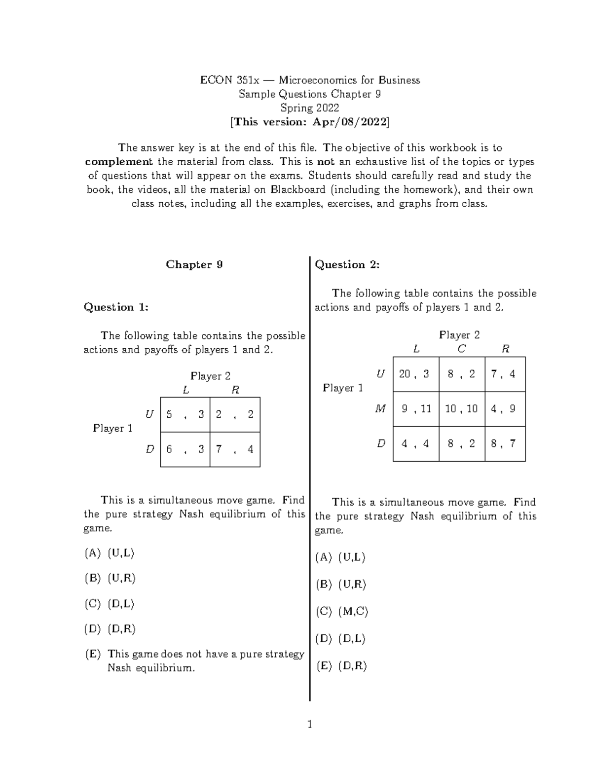 Sample Questions Chapter 09 - ECON 351x — Microeconomics for Business ...