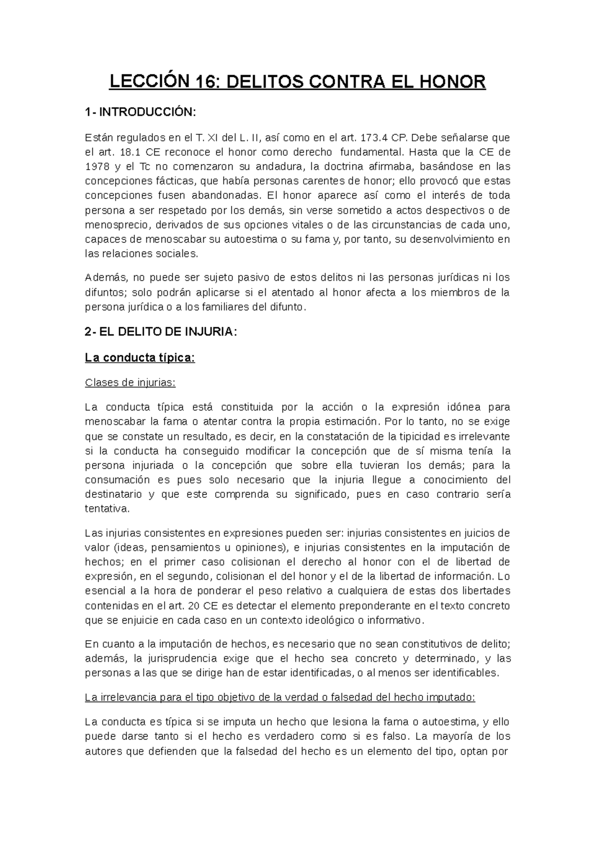 Lección 16 Delitos contra el honor - LECCIÓN 16: DELITOS CONTRA EL HONOR 1- INTRODUCCIÓN: Están ...