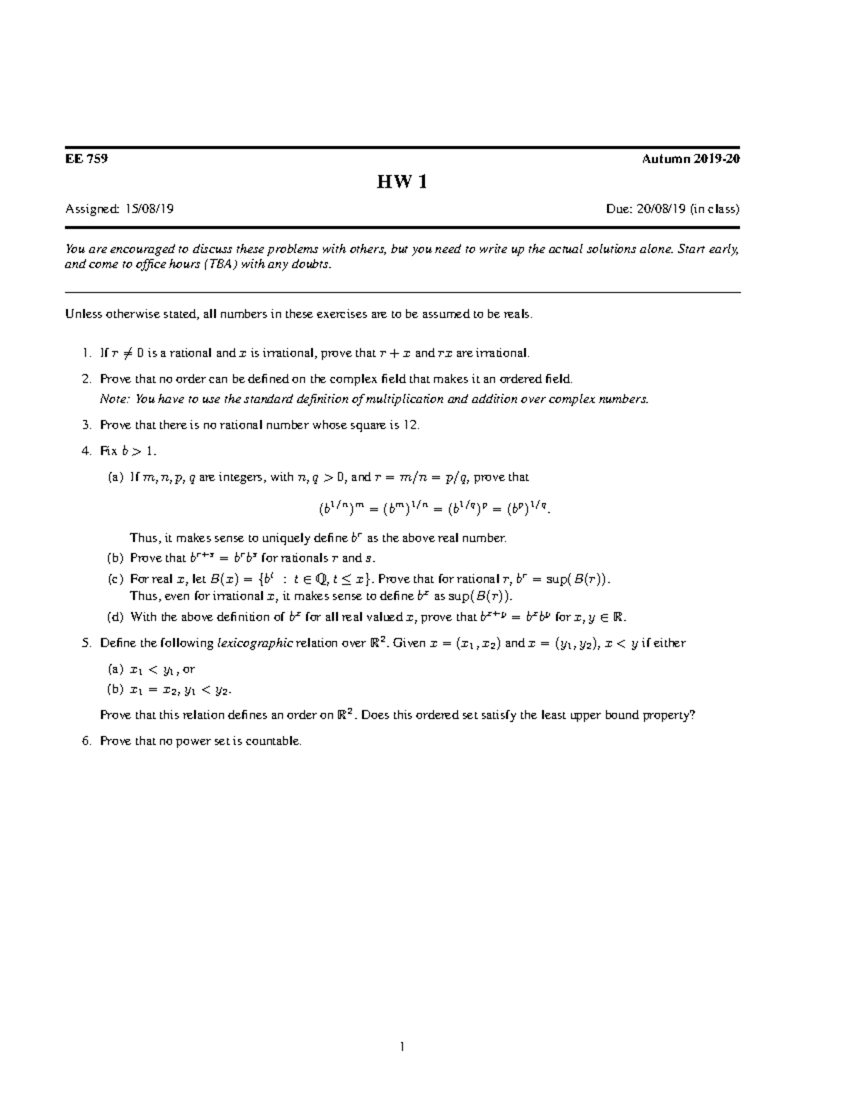 Hw1 - Practice problems - EE 759 Autumn 2019- HW 1 Assigned: 15/08/19 Due: 20/08/19 (in class ...