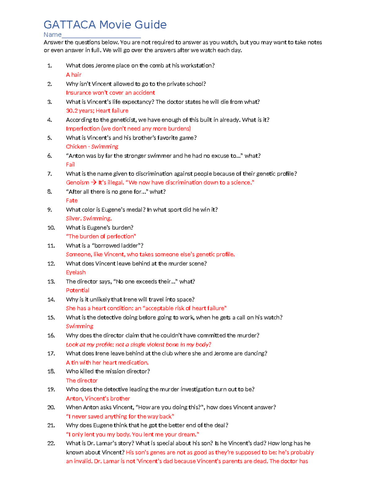 Gattaca Film Notes Answers-1 - GATTACA Movie Guide Name ...