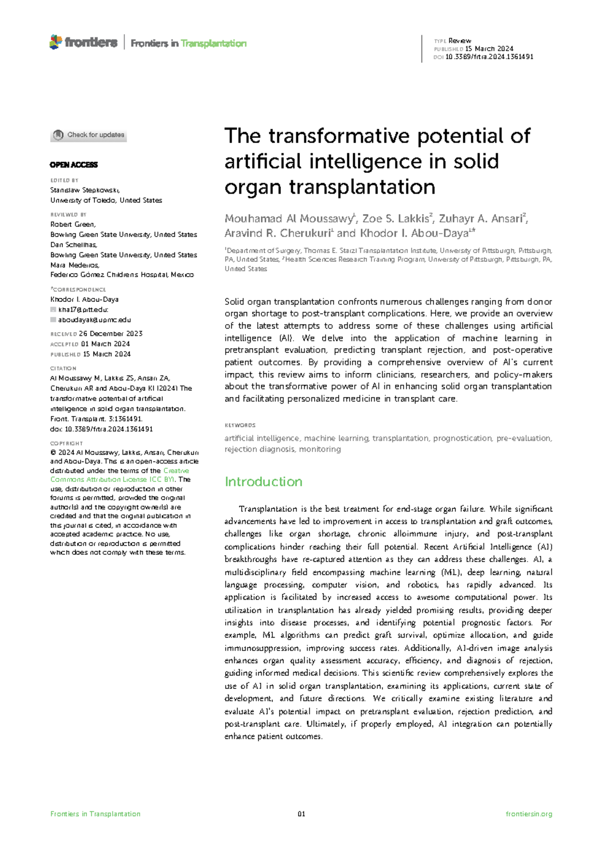 Transformative Potential of AI in Solid Organ Transplantation - EDITED ...