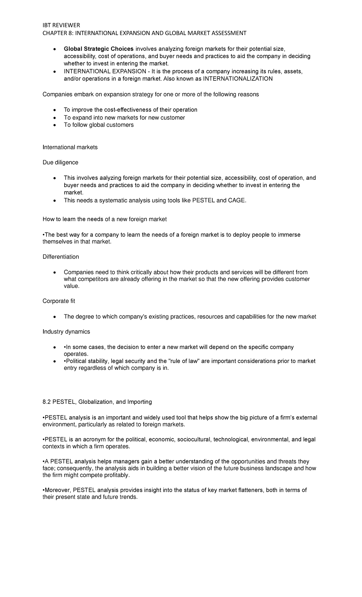 IBT Reviewer - CHAPTER 8: INTERNATIONAL EXPANSION AND GLOBAL MARKET ASSESSMENT Global Strategic ...