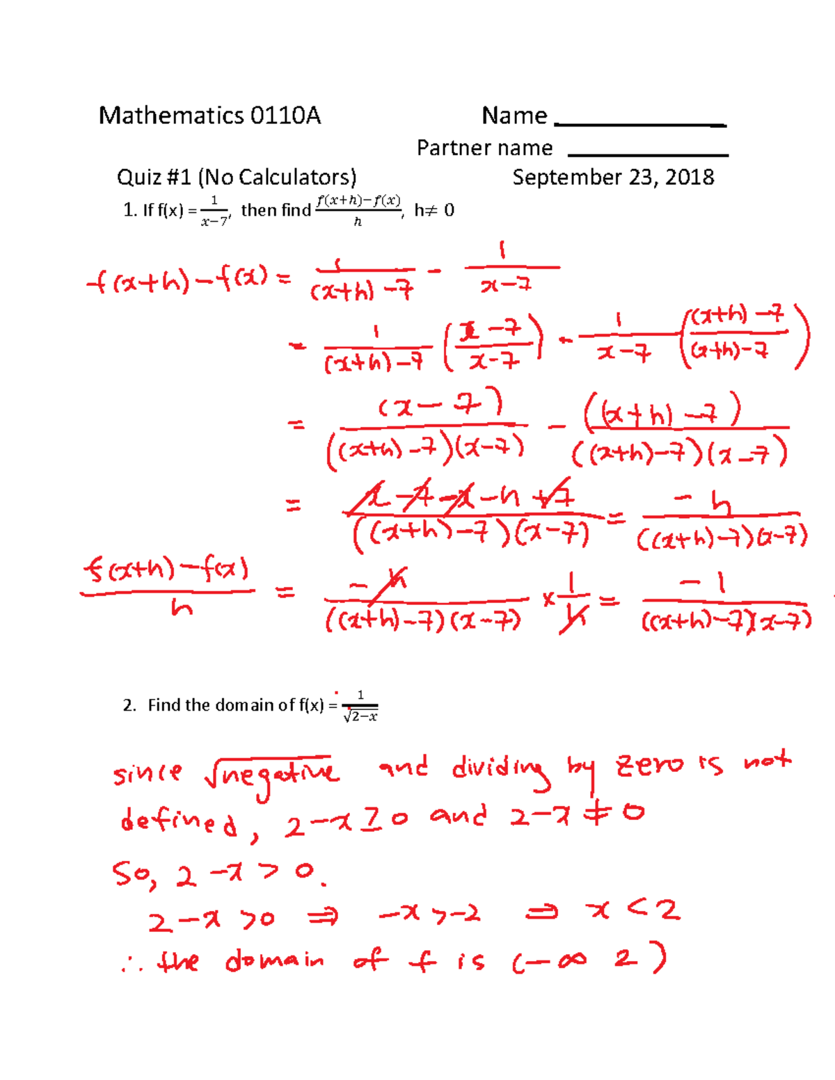 Exam 23 September, questions and answers - Mathematics 0110A Name Quiz ...