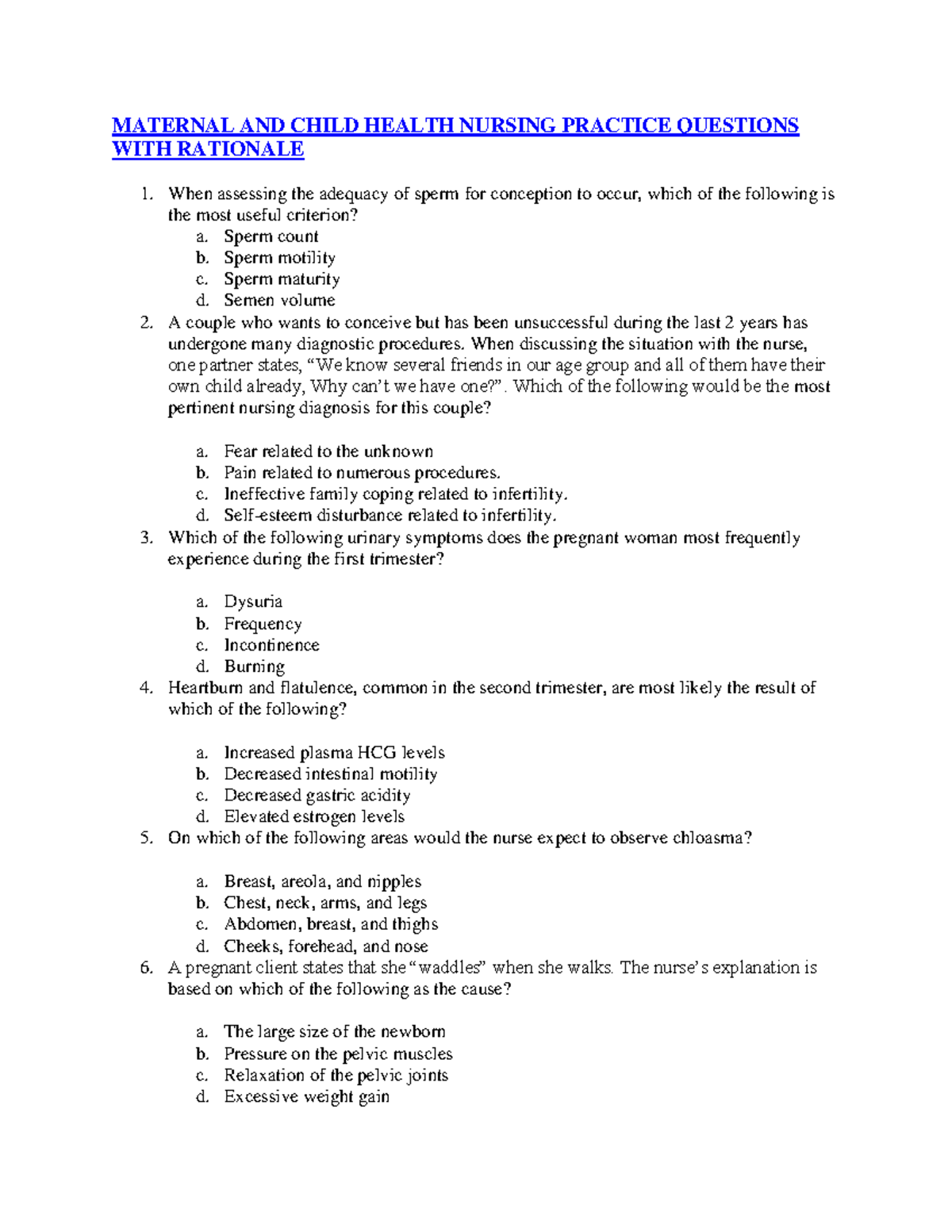 Maternal and child health nursing practice questions with rationale ...