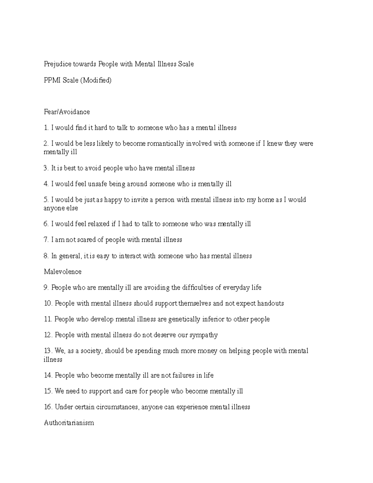 PPMI scale - NUR 3365 Adult Health Theory II - Prejudice towards People ...