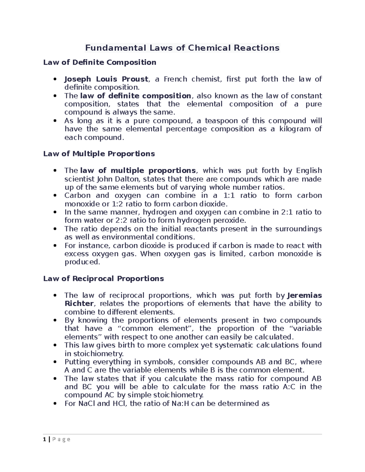 Fundamental Laws of Chemical Reactions - The law of definite ...