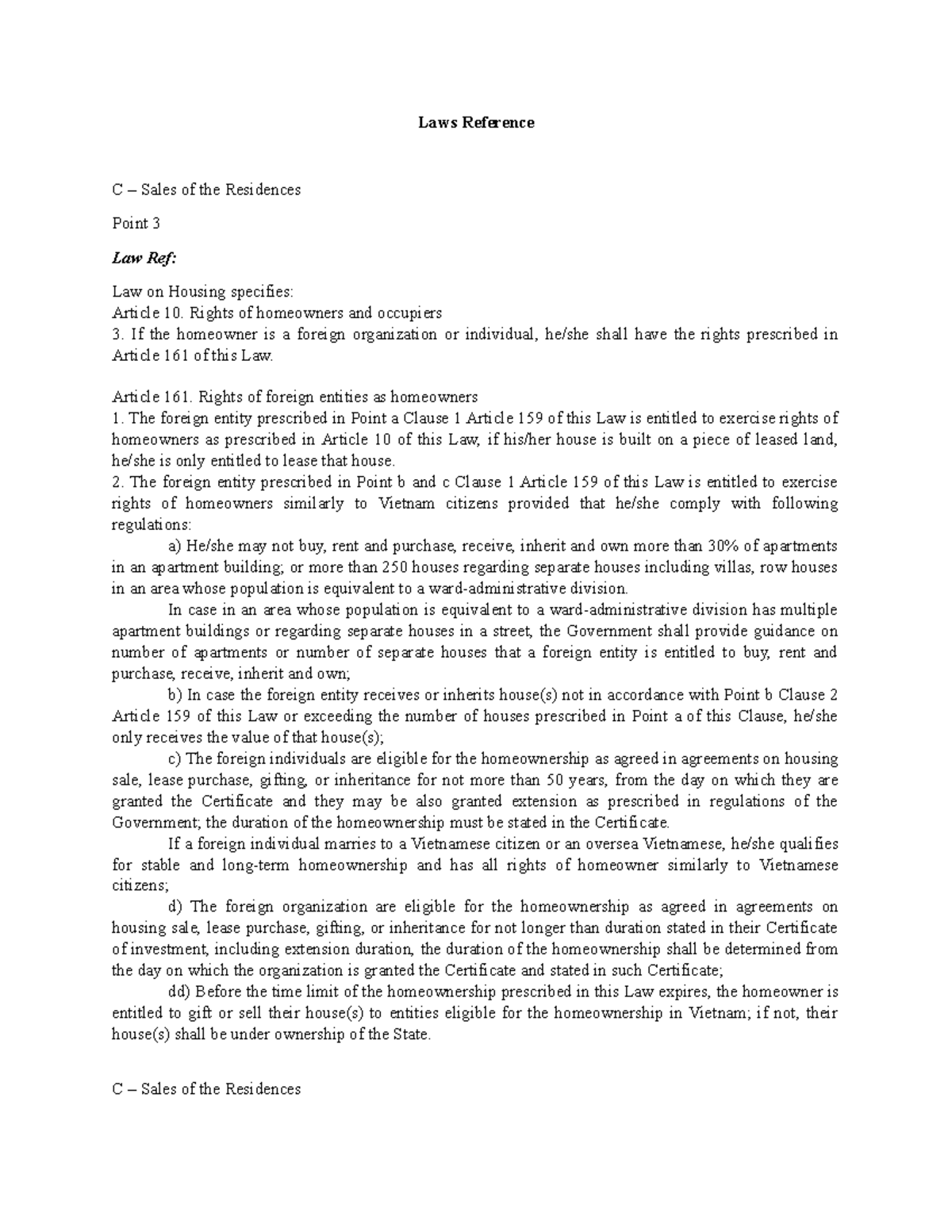 Law Ref - Law ref - Laws Reference C – Sales of the Residences Point 3 Law Ref: Law on Housing ...