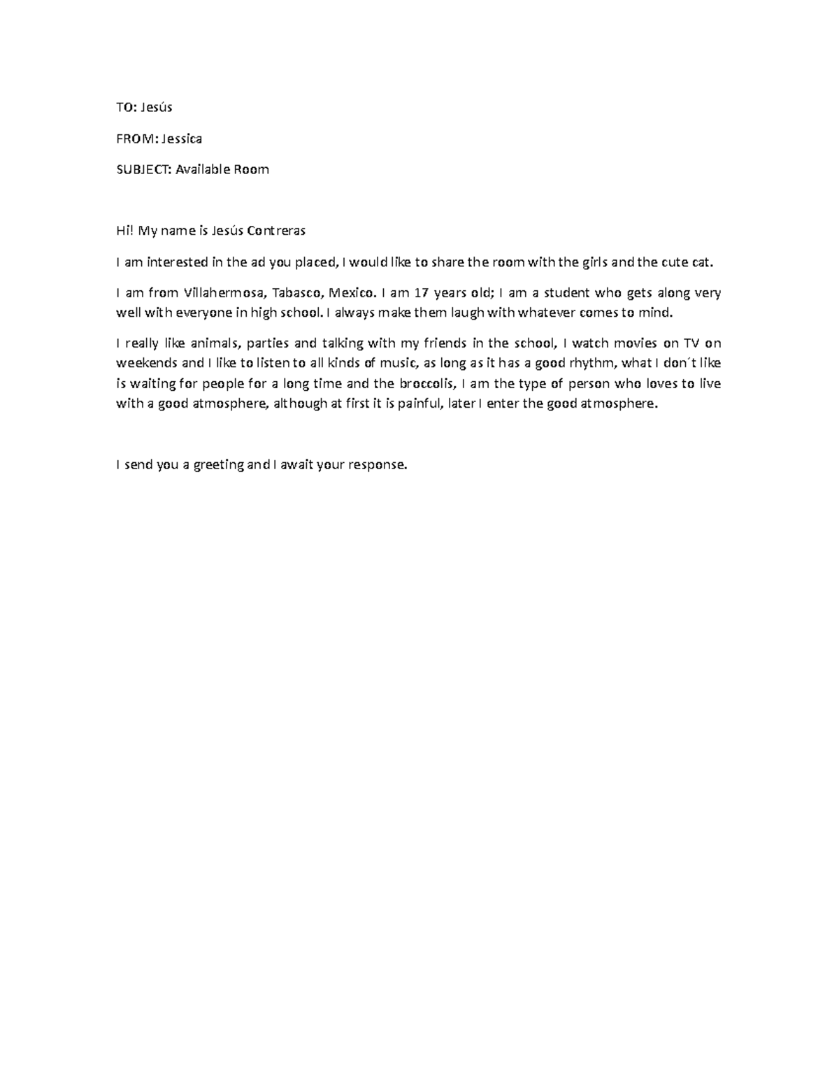 MY Personal Information - TO: Jesús FROM: Jessica SUBJECT: Available ...