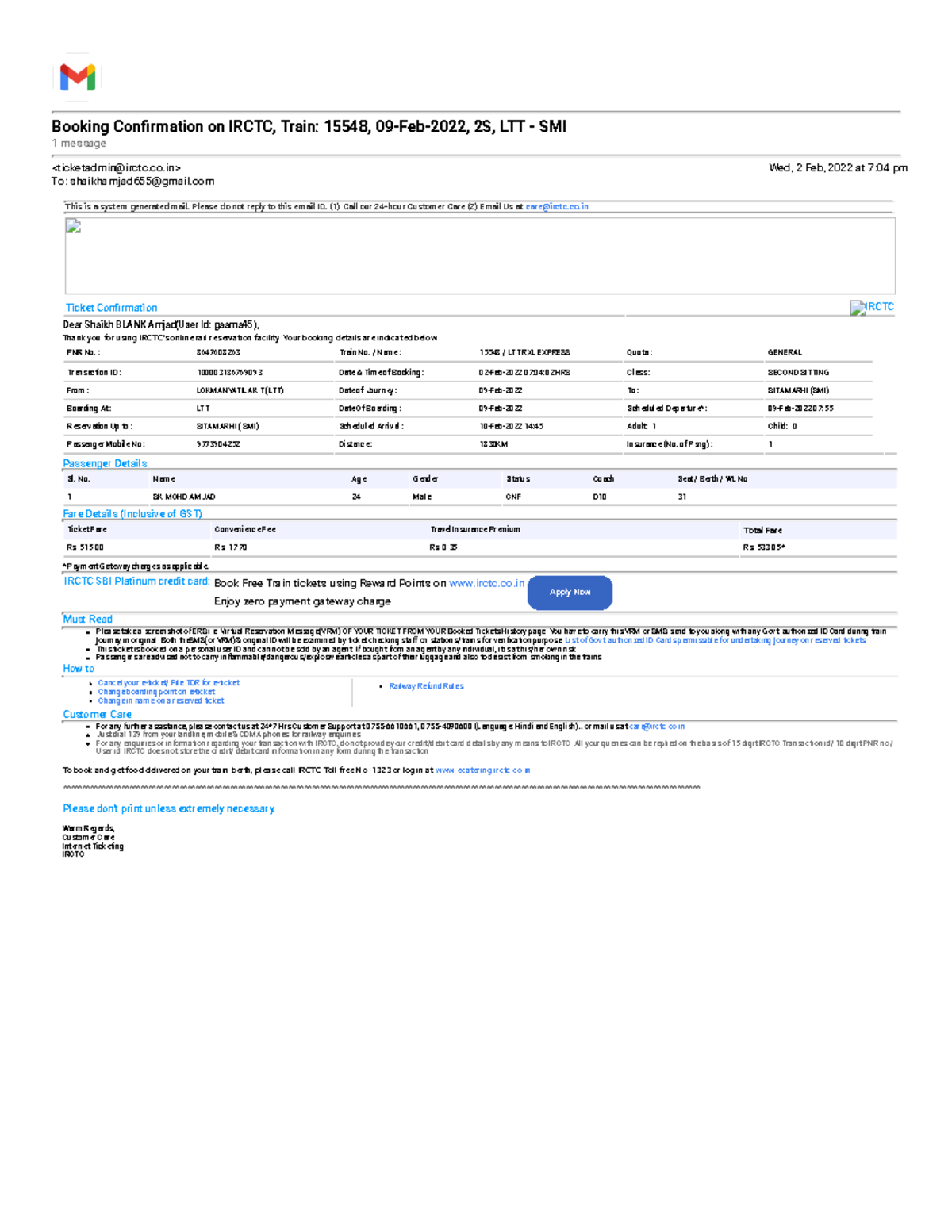 Gmail - Booking Confirmation on Irctc, Train 15548, 09-Feb-2022, 2S ...