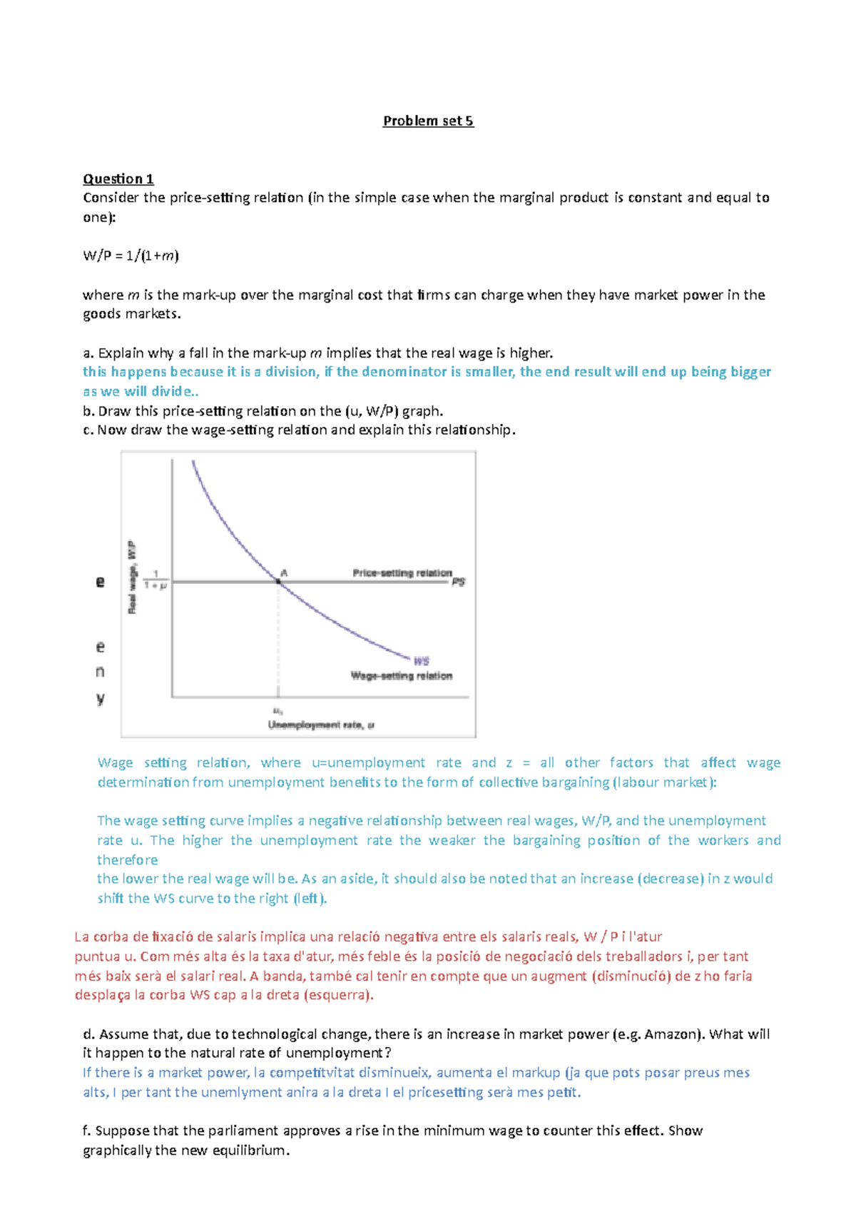 Macro ps5 - Problem set 5 Question 1 Consider the price‐setting relation (in the simple case ...