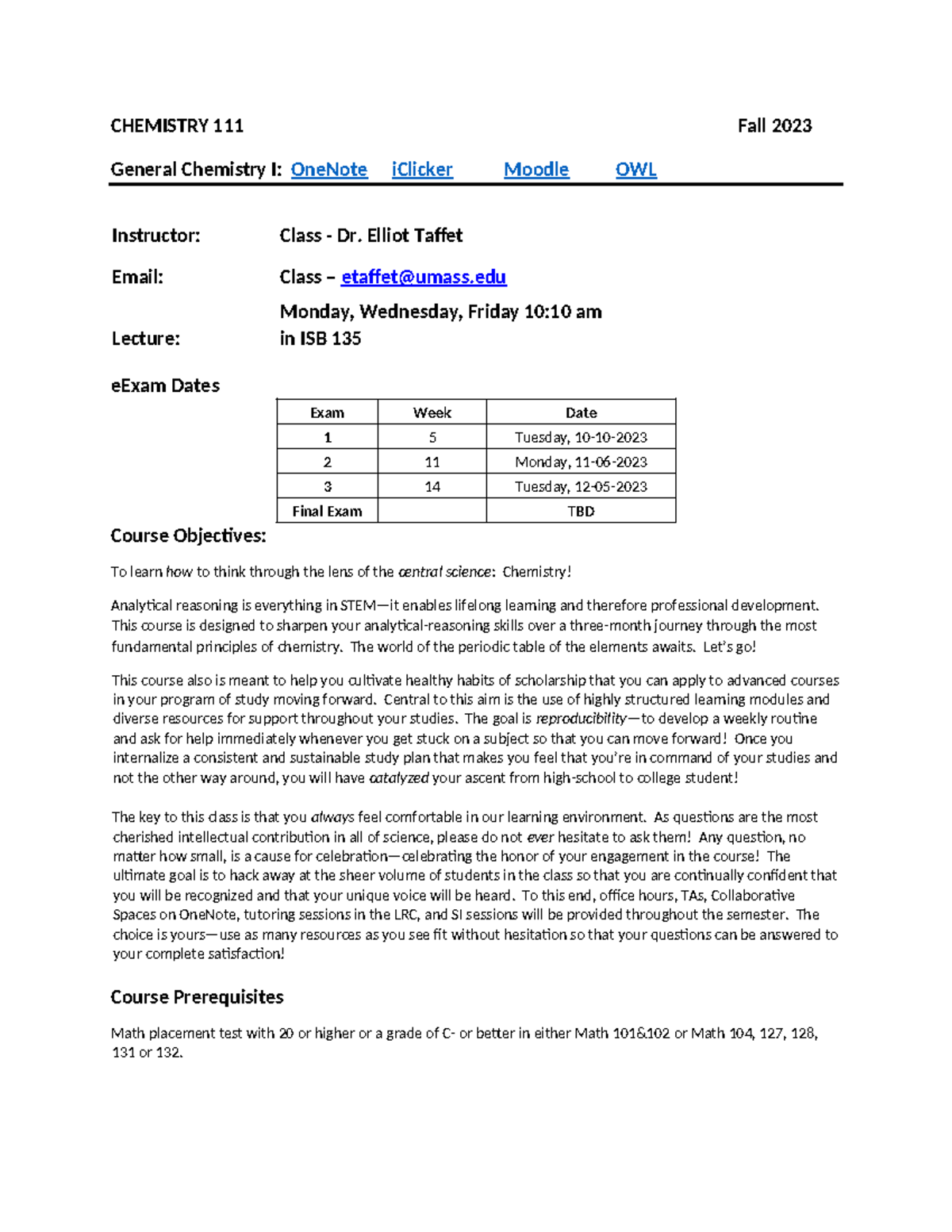 F2023 CHEM 111 Syllabus - CHEMISTRY 111 Fall 2023 General Chemistry I ...