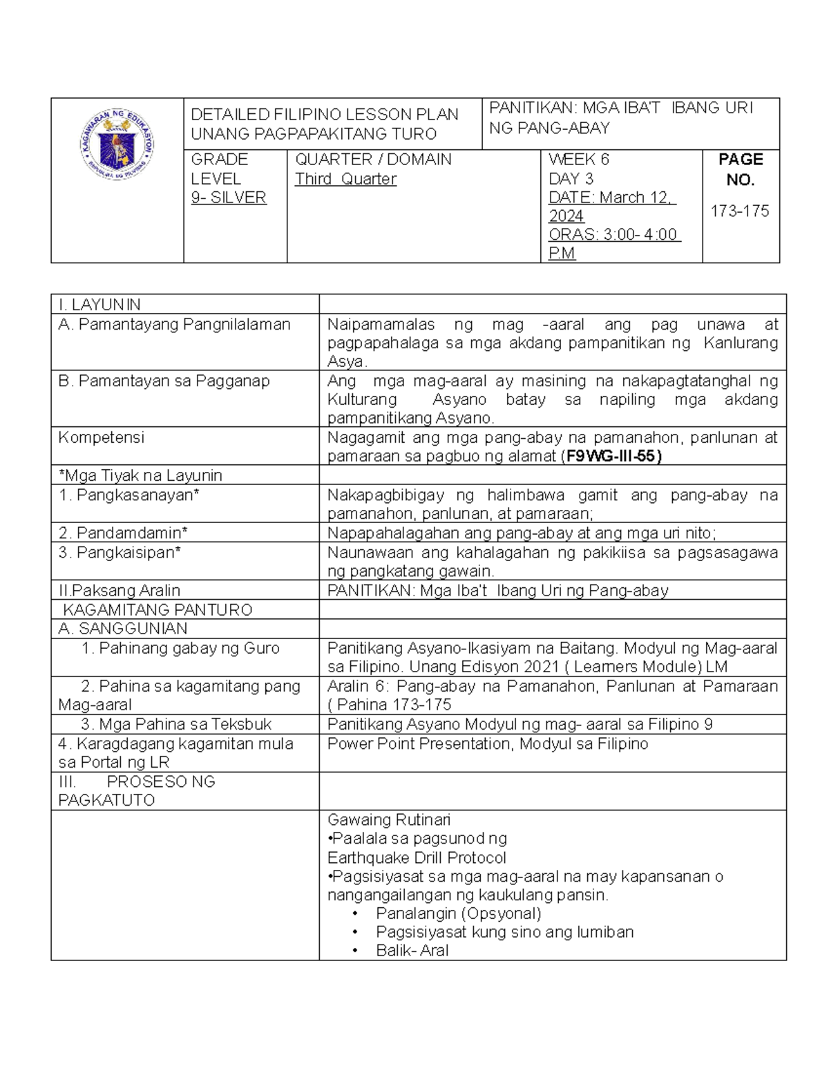 AP- Lesson PLAN-0- March 12,2024 ( Finale) - DETAILED FILIPINO LESSON ...