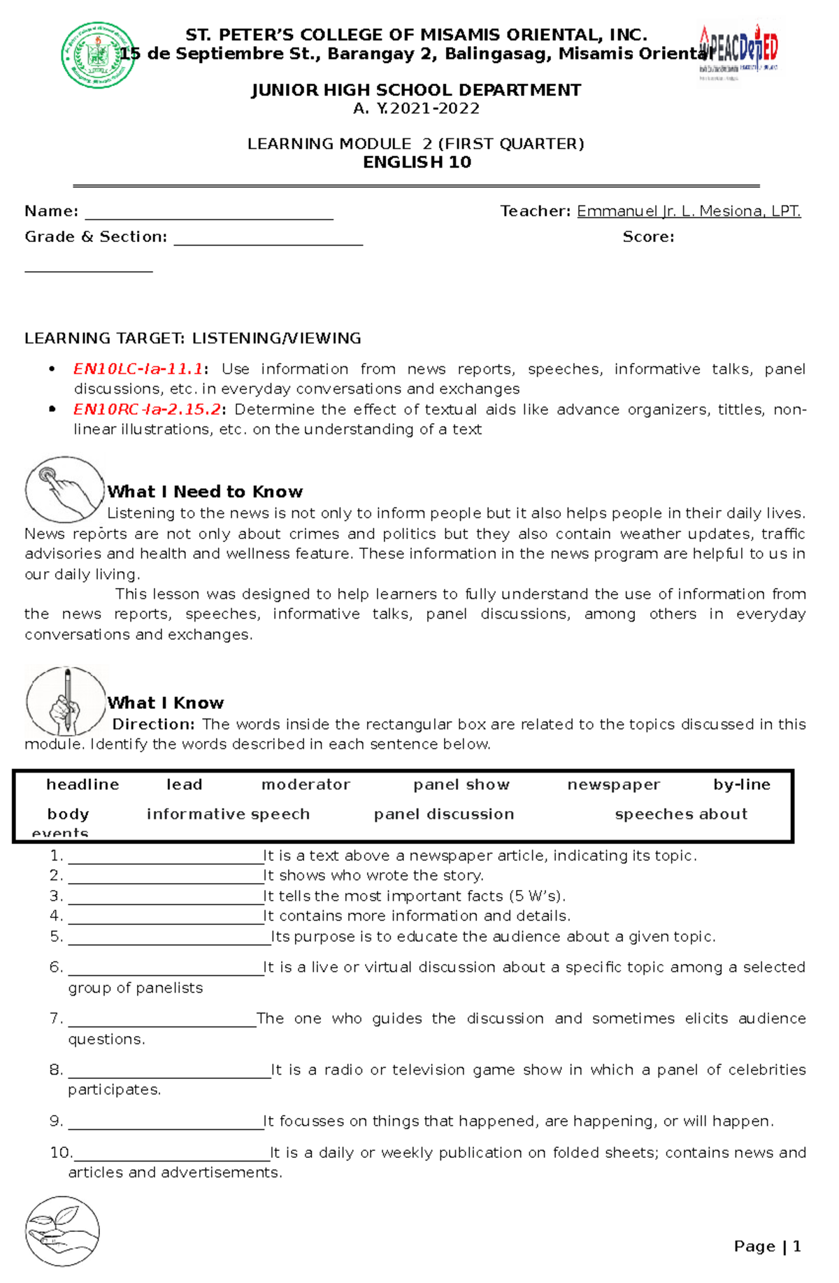 Quarter 1 (Module 2) - english 9 - ST. PETER’S COLLEGE OF MISAMIS ...