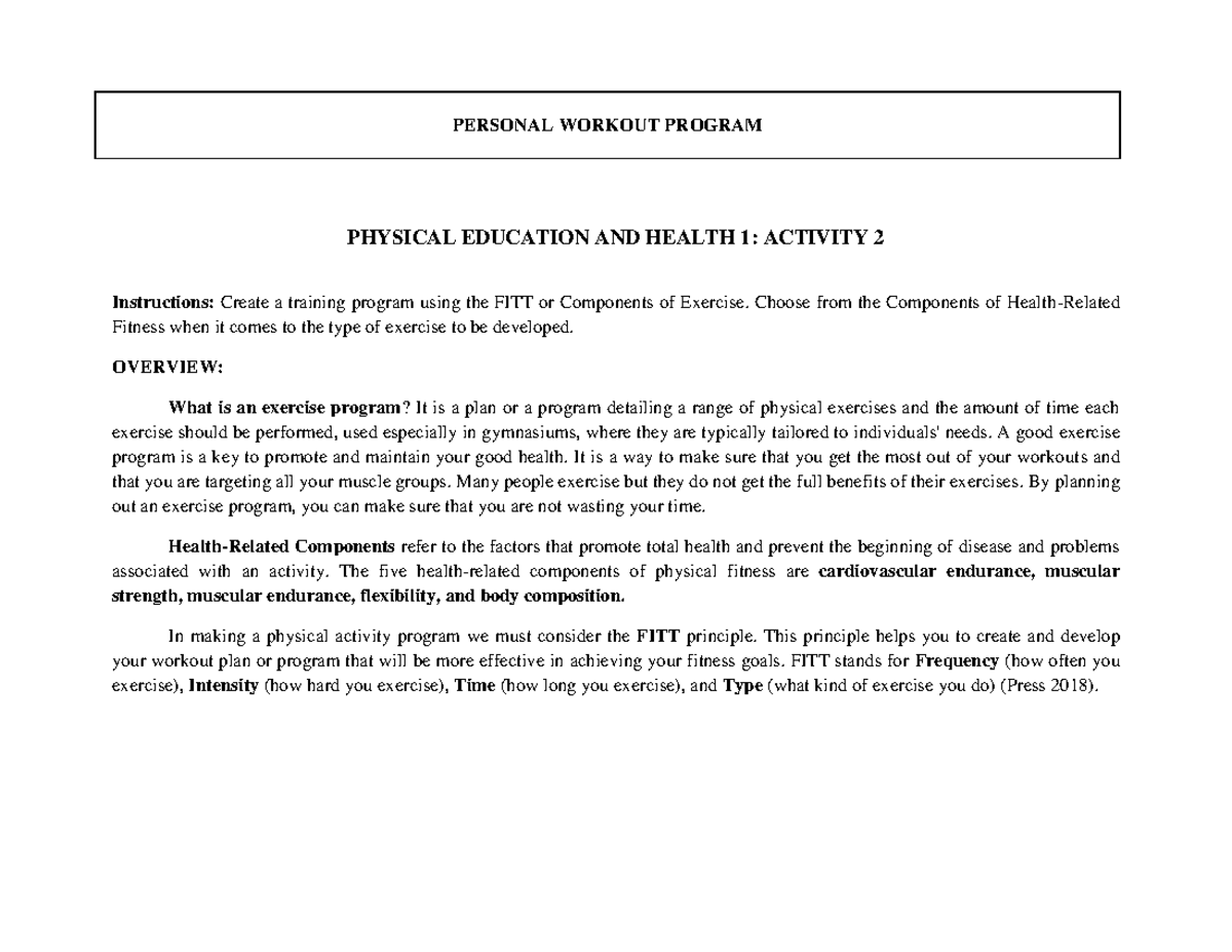 Personal Workout Program - PHYSICAL EDUCATION AND HEALTH 1: ACTIVITY 2 ...