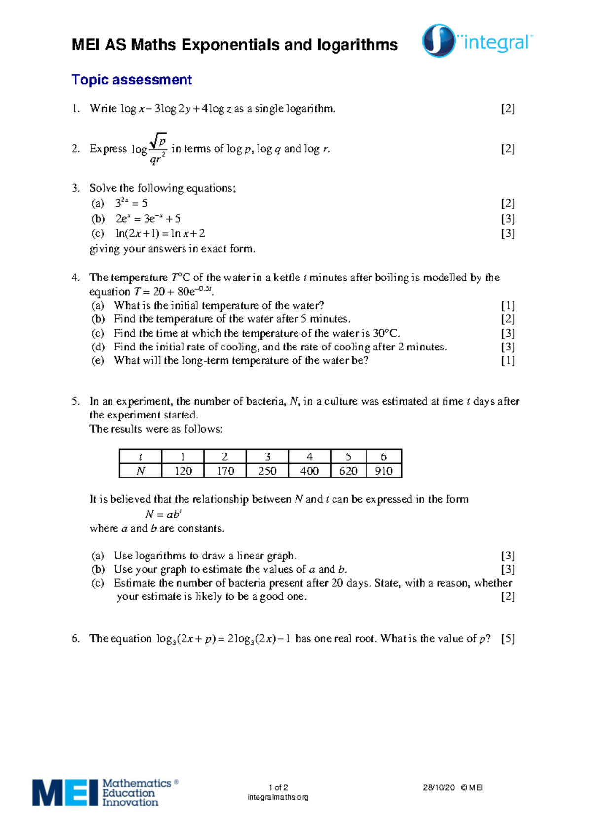 541837702 Exponentials Asses Ment - MEI AS Maths Exponentials and logarithms 1 of 2 28/10/20 ...