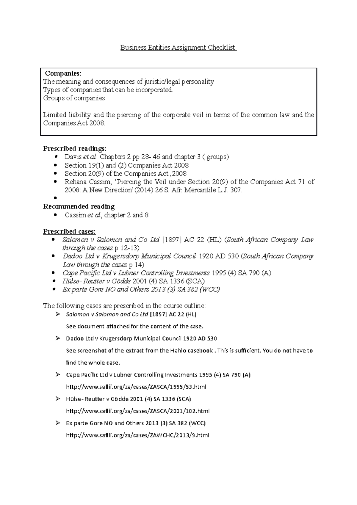 Business Entities Assignment Checklist- for assignment in first ...