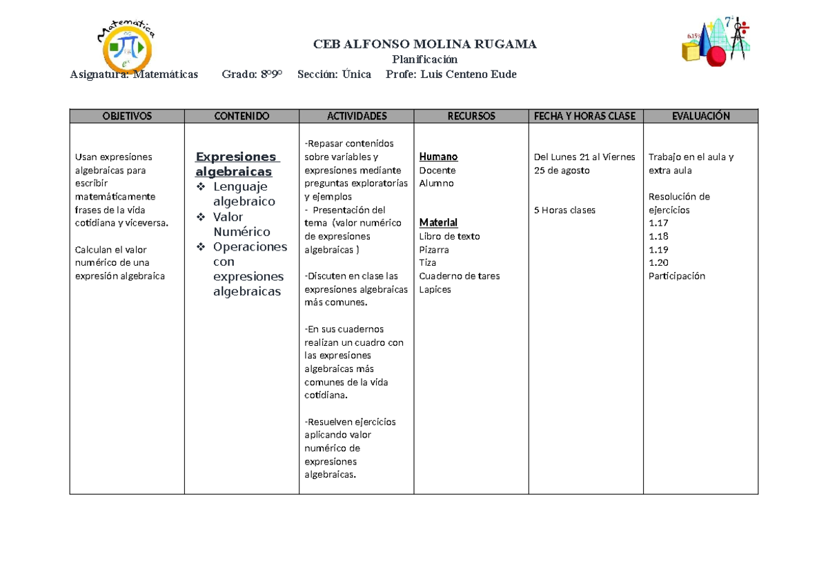Plan de clases 8 y 9 - CEB ALFONSO MOLINA RUGAMA Planificación Asignatura: Matemáticas Grado: 8 ...