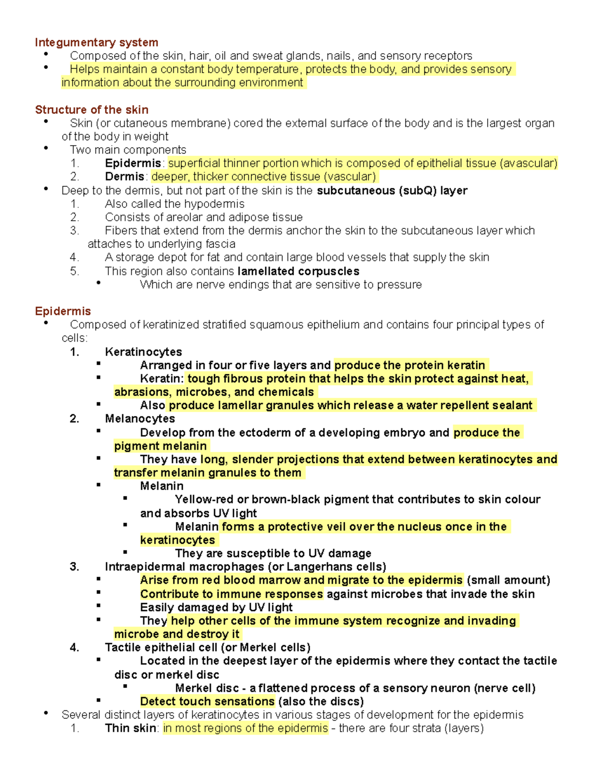 Chapter 5 Notes - Integumentary system Composed of the skin, hair, oil ...