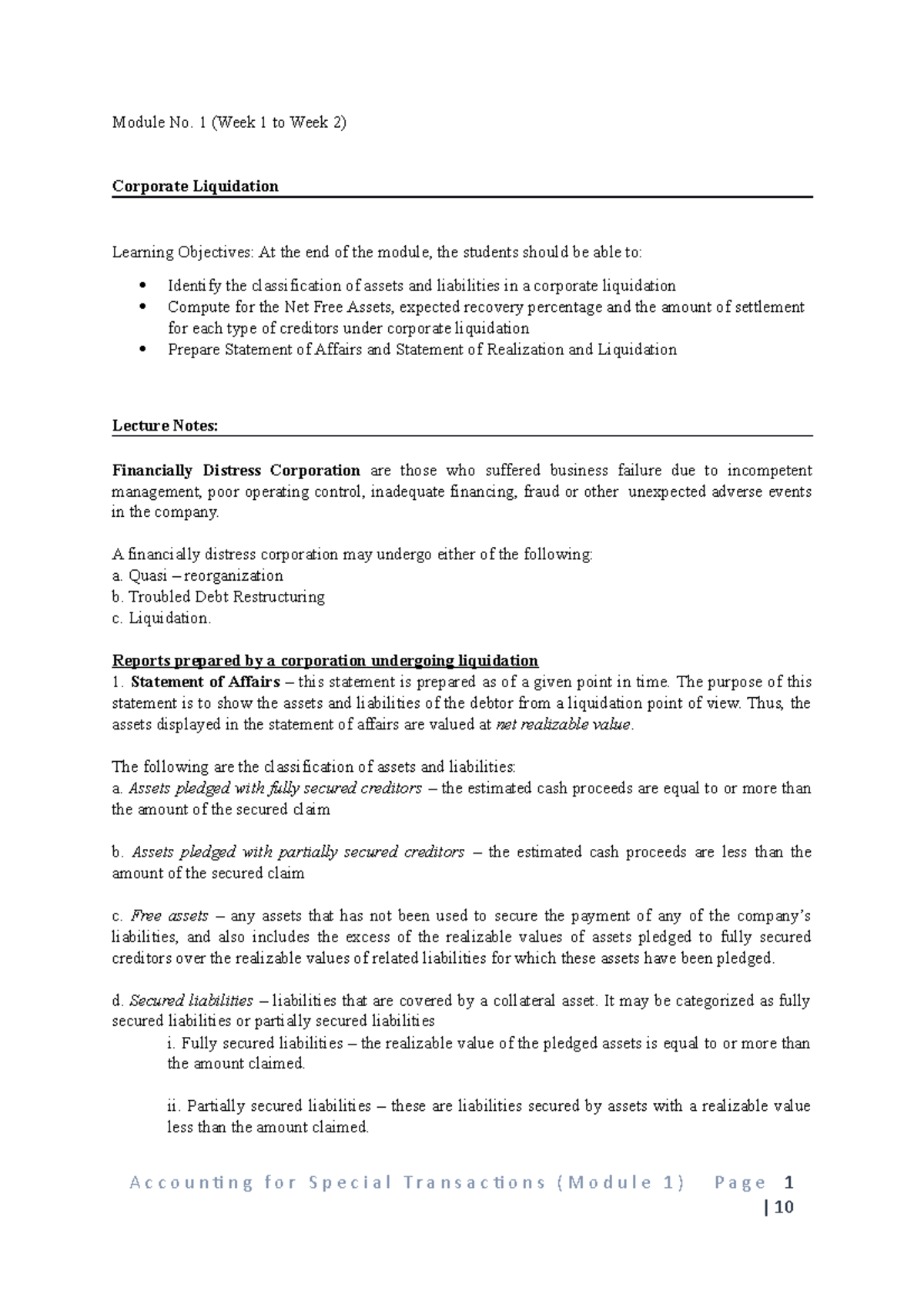 Module No 1 Corporate Liquidation - Module No. 1 (Week 1 to Week 2 ...