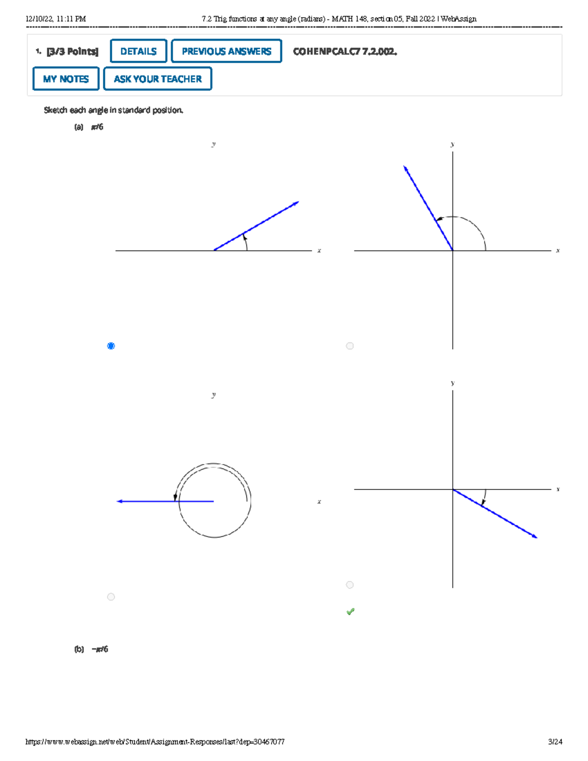 7.2 Trig functions at any angle (radians) - MATH 148, section 05, Fall 2022 Web Assign - Sketch ...