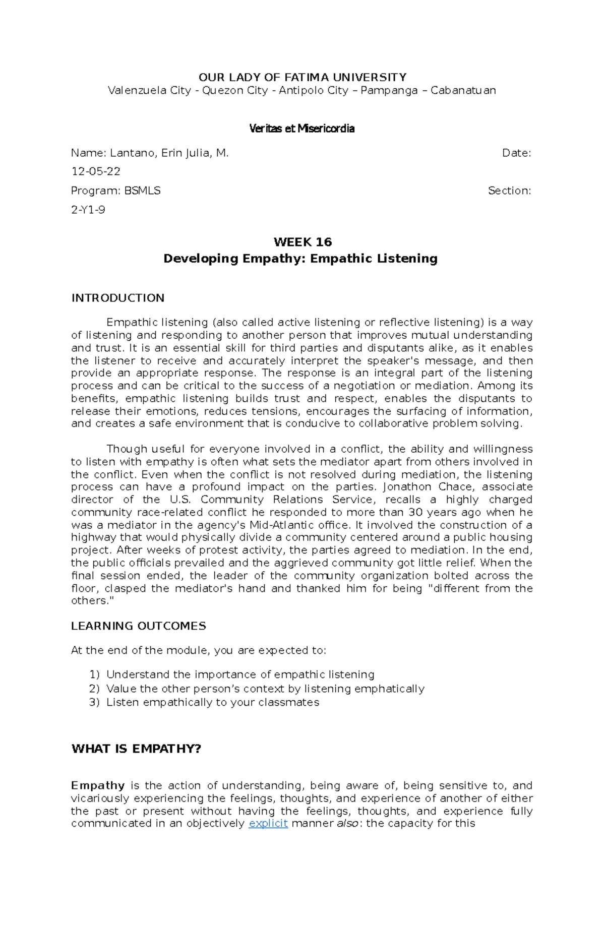 VM211 Module 16 Developing Empathy rev-1 - OUR LADY OF FATIMA UNIVERSITY Valenzuela City ...