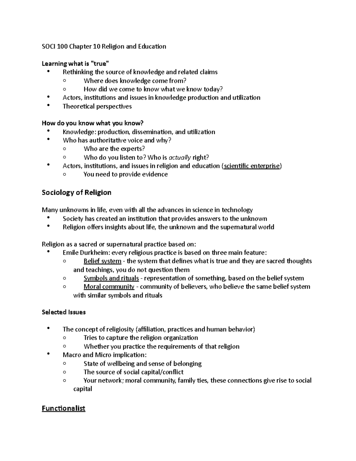 SOCI 100 Chapter 10 Religion and Education - SOCI 100 Chapter 10 ...