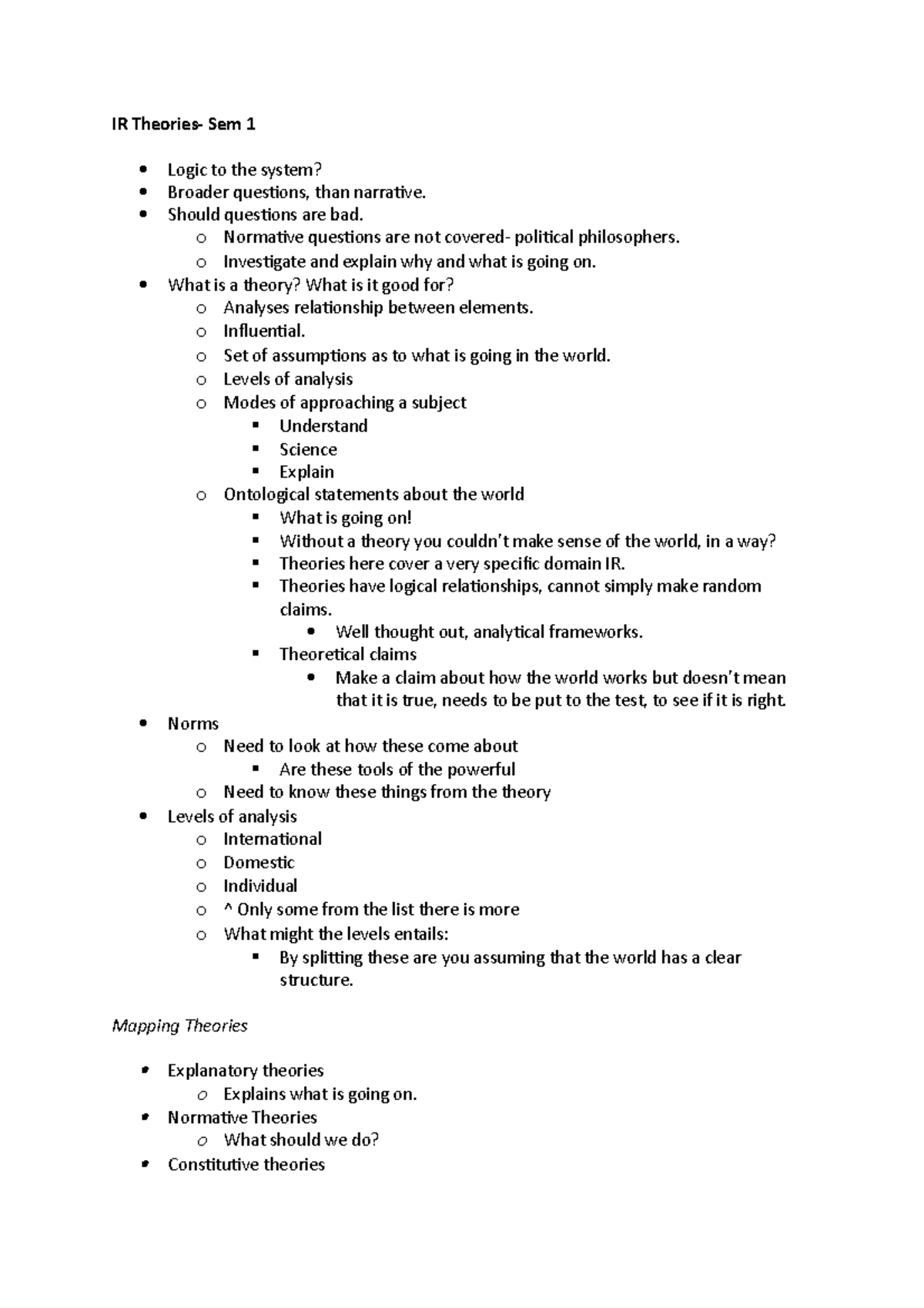 IR Theory- Sem 1 - Lecture notes 1 - IR Theories- Sem 1 Logic to the ...