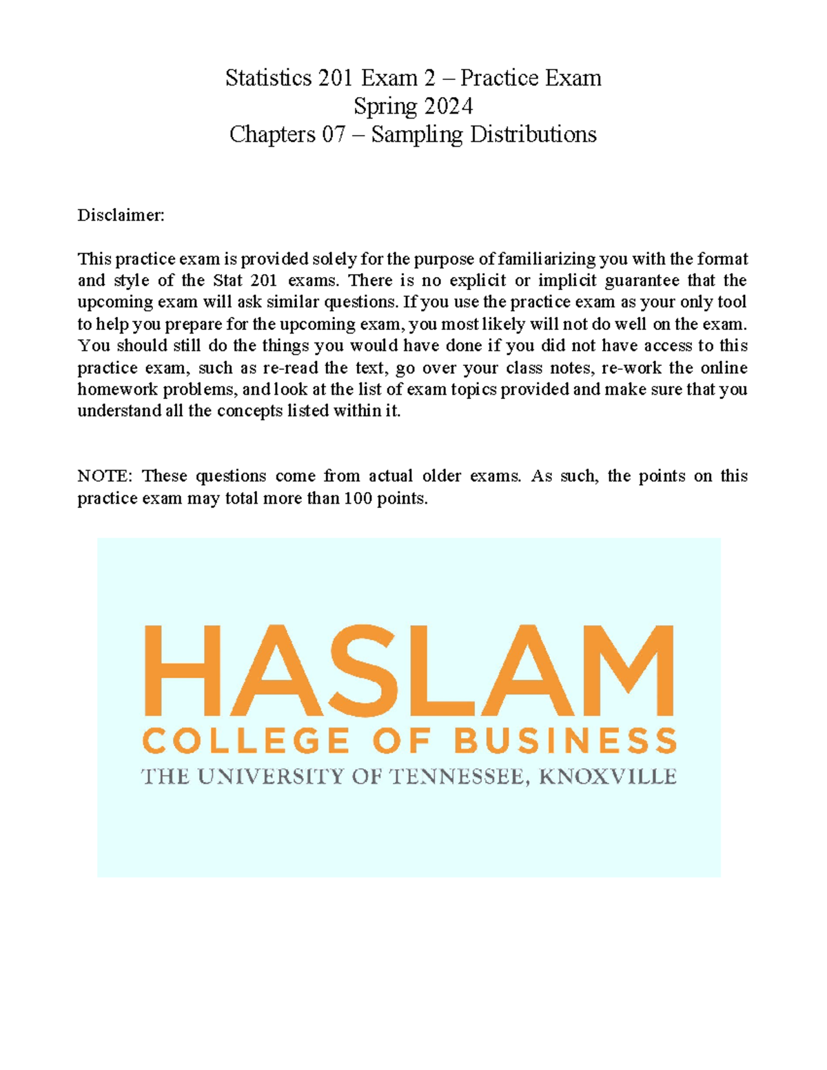 STAT201 Practice Exam 2 - Statistics 201 Exam 2 – Practice Exam Spring ...