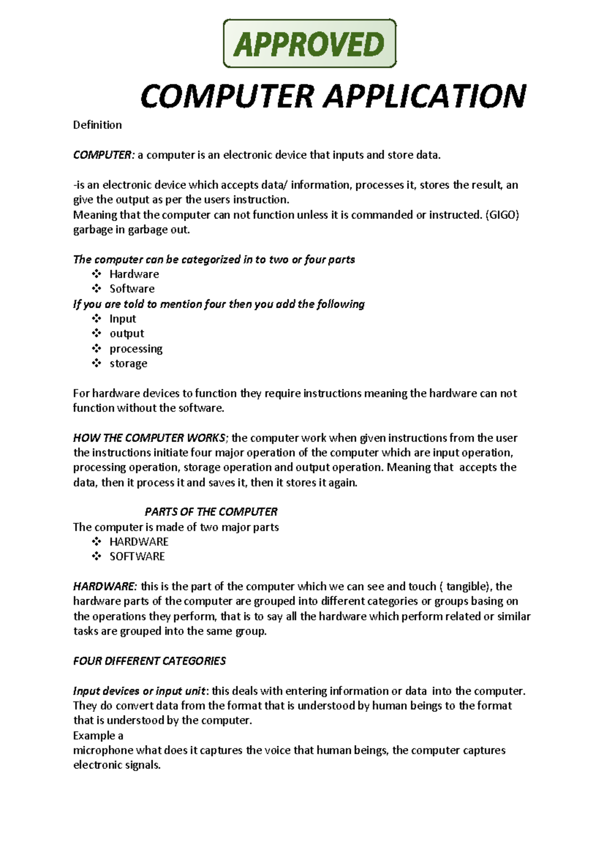 Computer Notes pdf - COMPUTER APPLICATION Definition COMPUTER: a ...