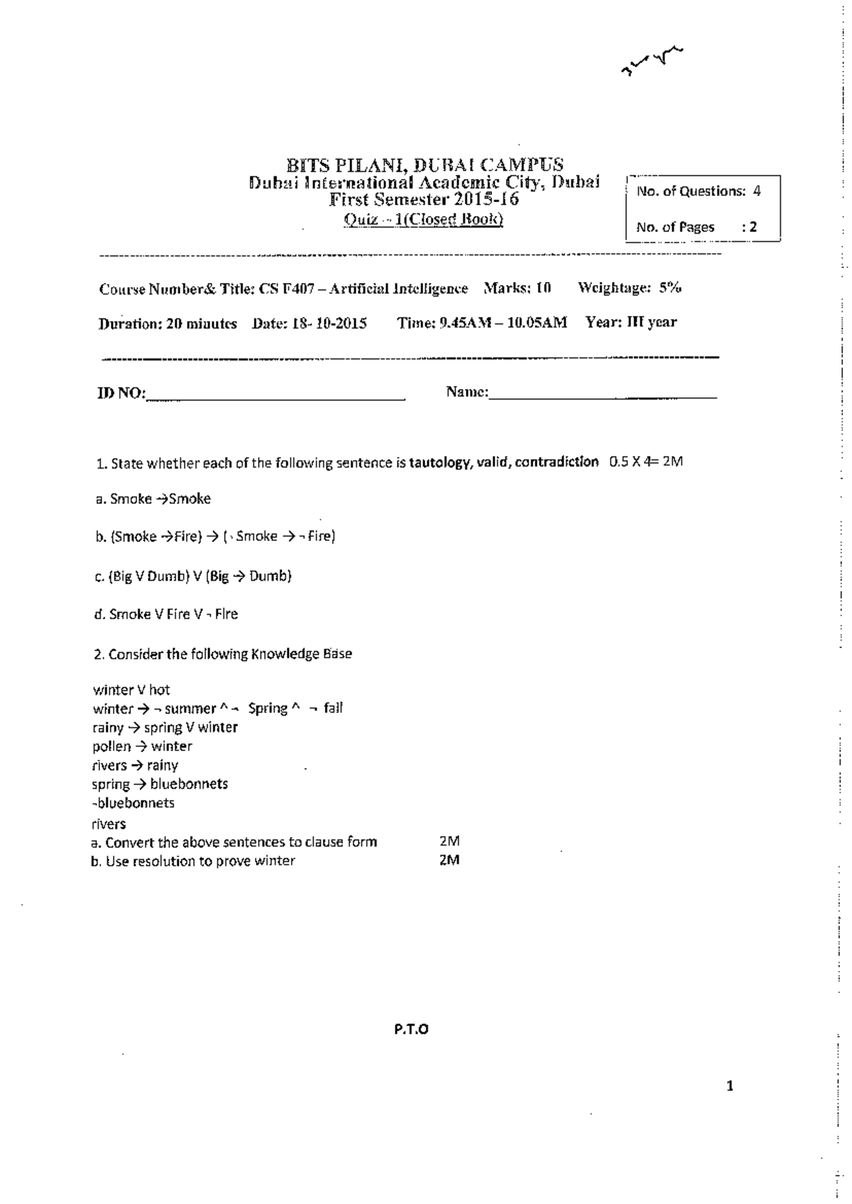 2015-16 - Artificial intelligence question papers - Studocu