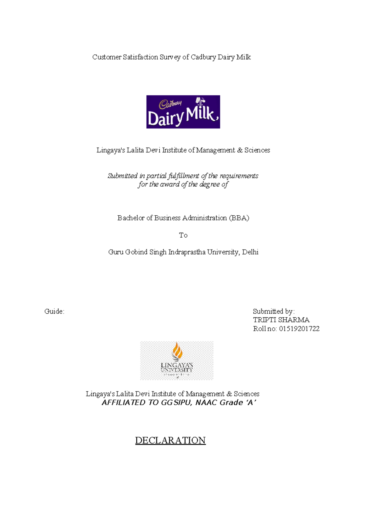 Minor Project Customer Satisfaction Survey of Dairy MILK - Customer ...