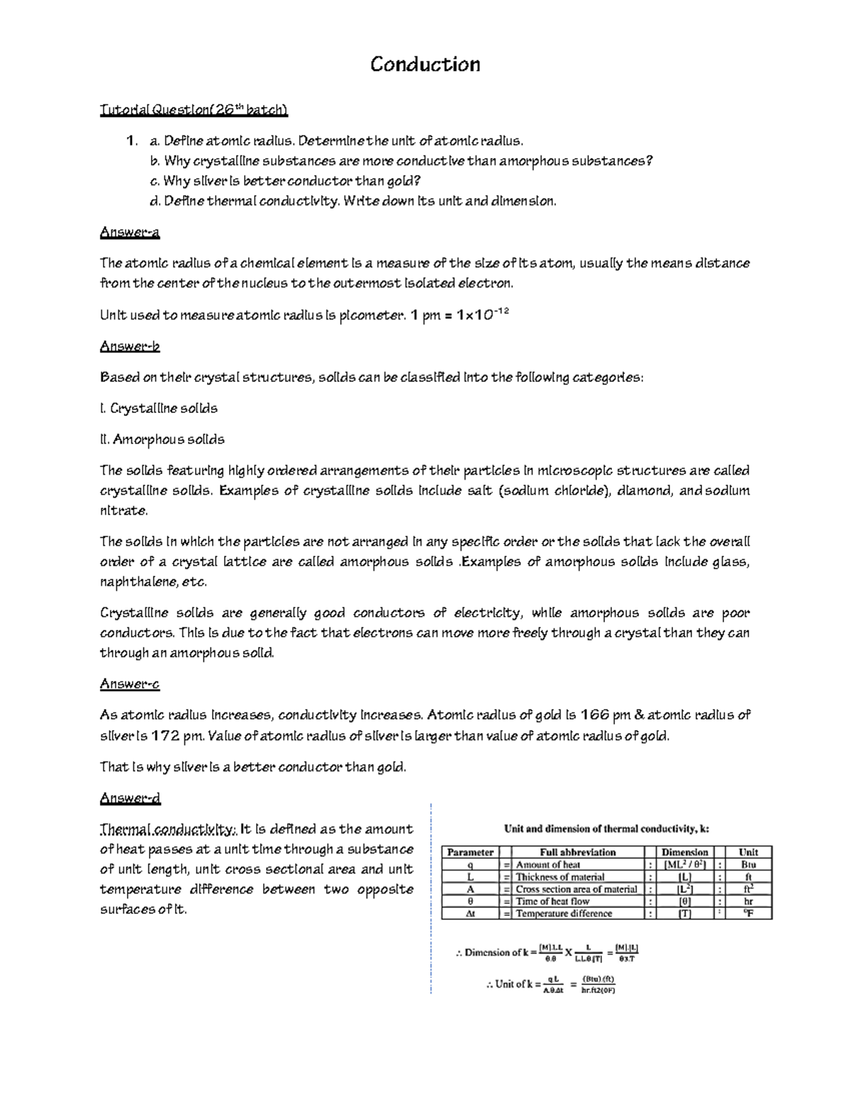 Conduction - Conduction Tutorial Question(26th batch) 1. a. Define ...