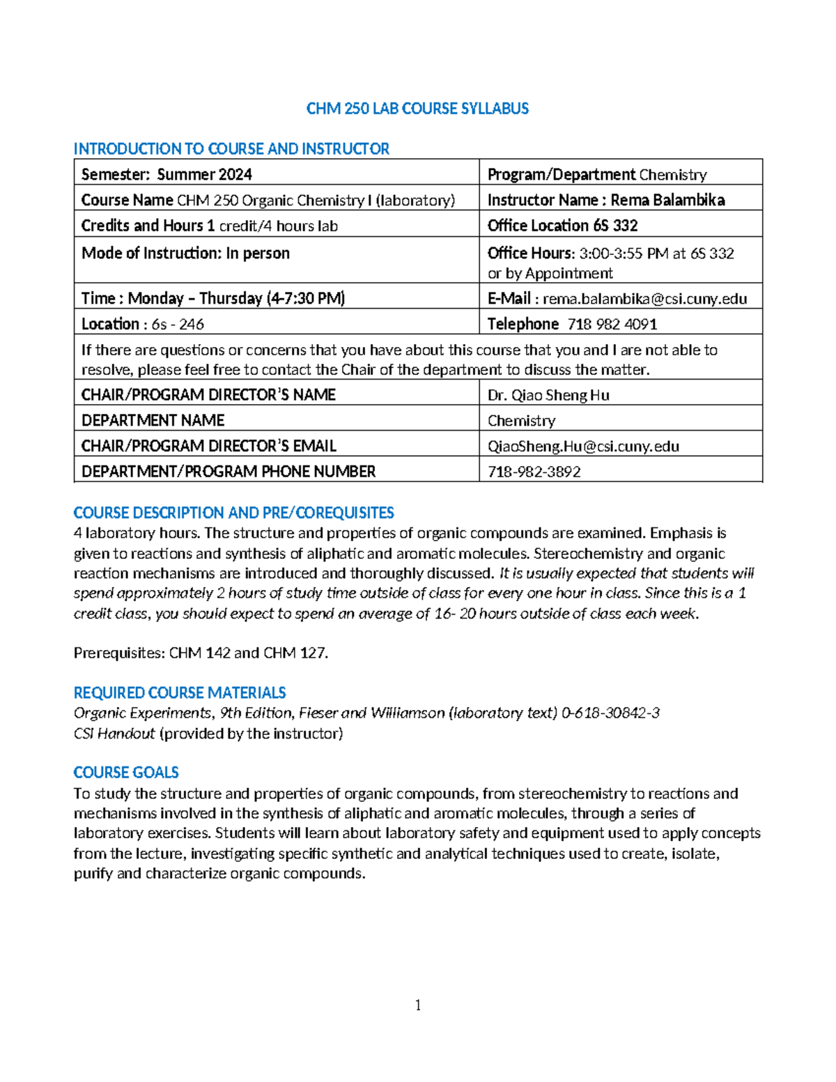 CHM Lab syllabus summer 2024-5 - CHM 250 LAB COURSE SYLLABUS ...