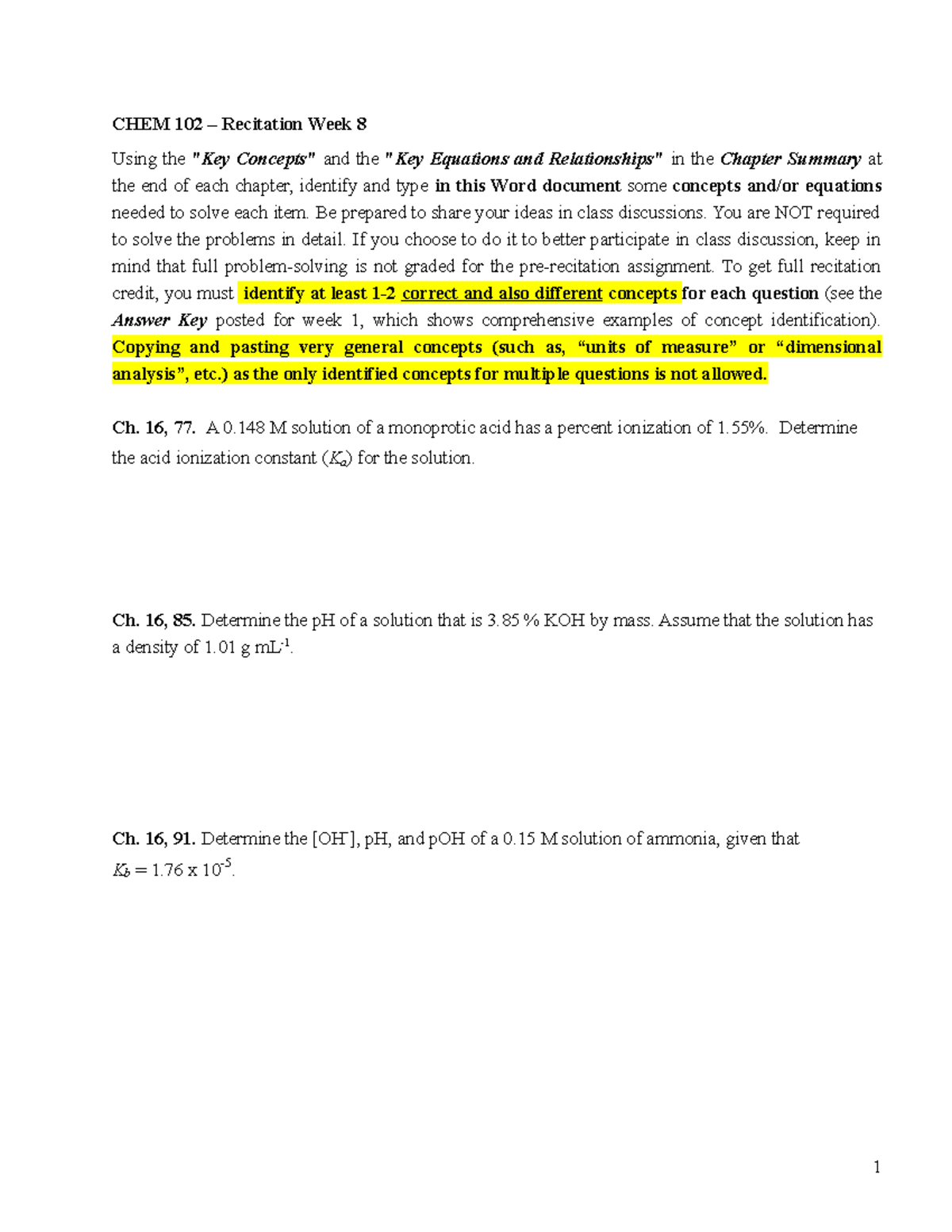 CHEM 102 Recitation Week 8 W23 - CHEM 102 – Recitation Week 8 Using the ...
