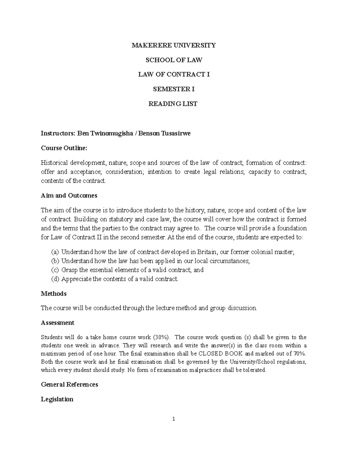 Contract I Reading List - MAKERERE UNIVERSITY SCHOOL OF LAW LAW OF ...