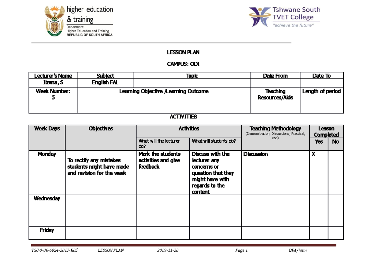 6054 Lesson PLAN - notes - - Studocu