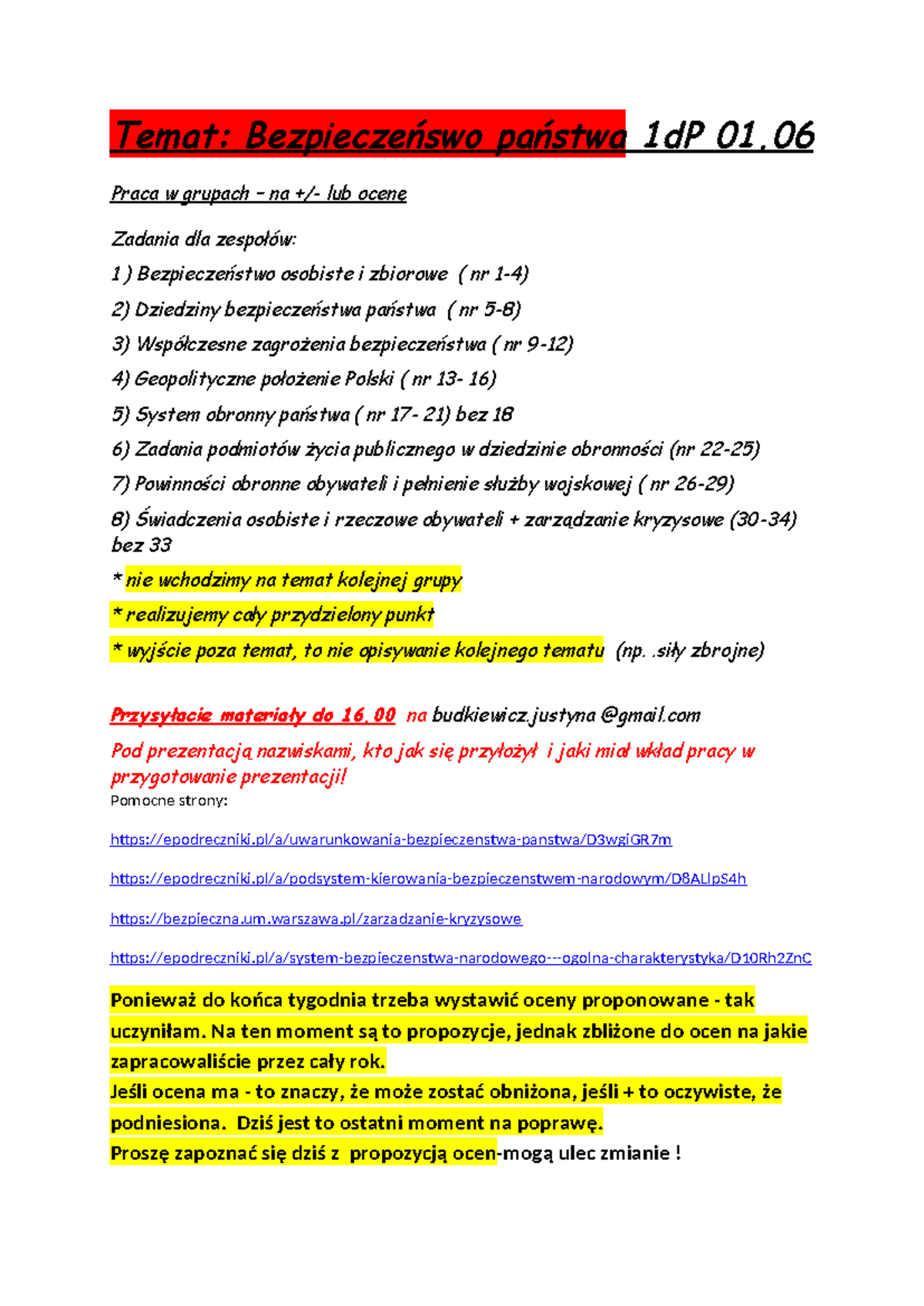 1d P 01.06 online- praca w grupach - Temat: Bezpieczeńswo państwa 1dP 01. Praca w grupach – na ...