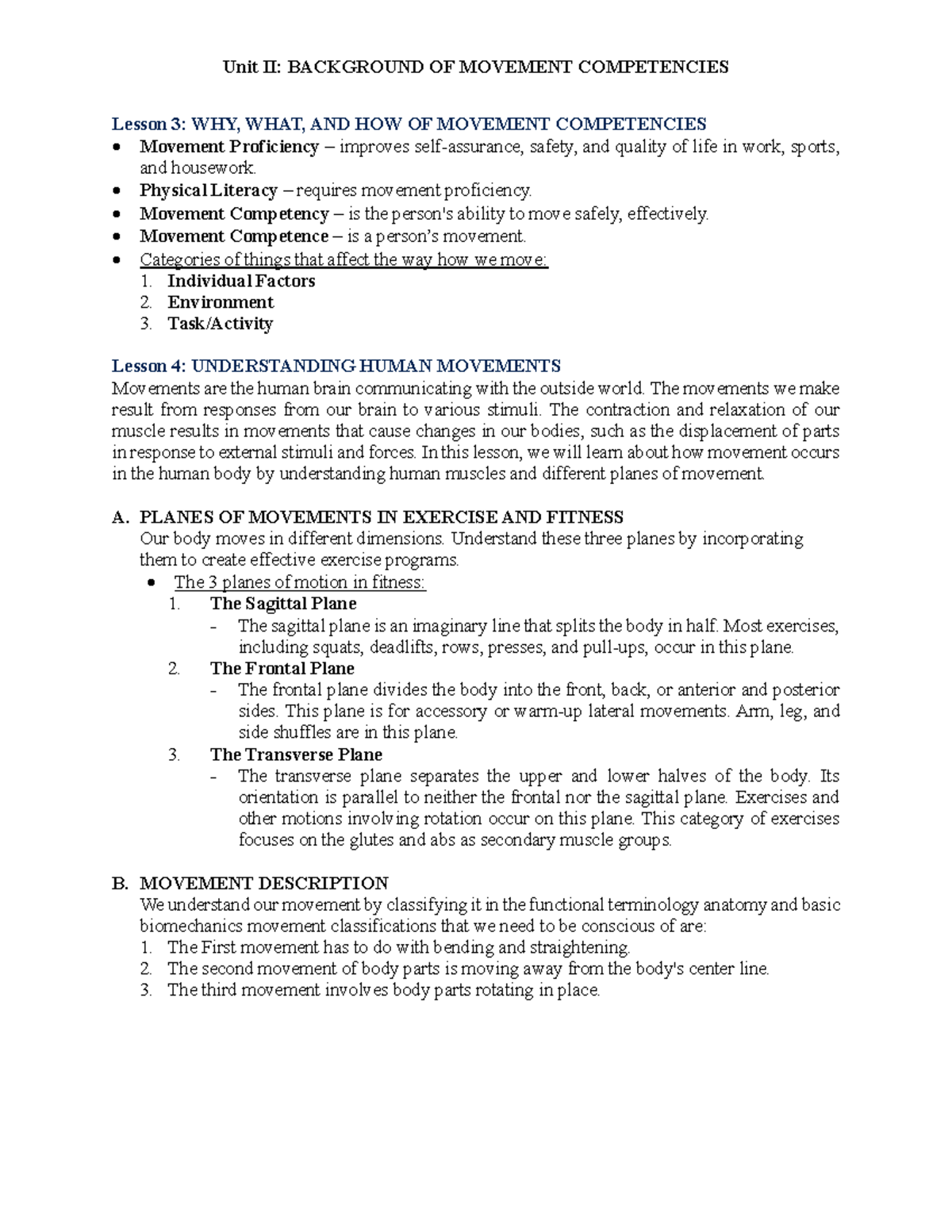 movementcompetencies - Unit II: BACKGROUND OF MOVEMENT COMPETENCIES ...