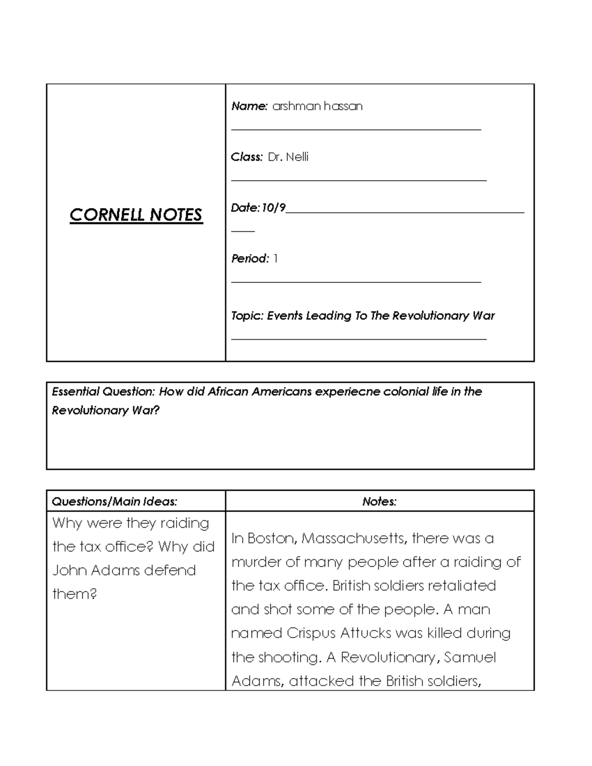 Cornell Notes - Editable for Student Use+ - CORNELL NOTES Name: arshman ...