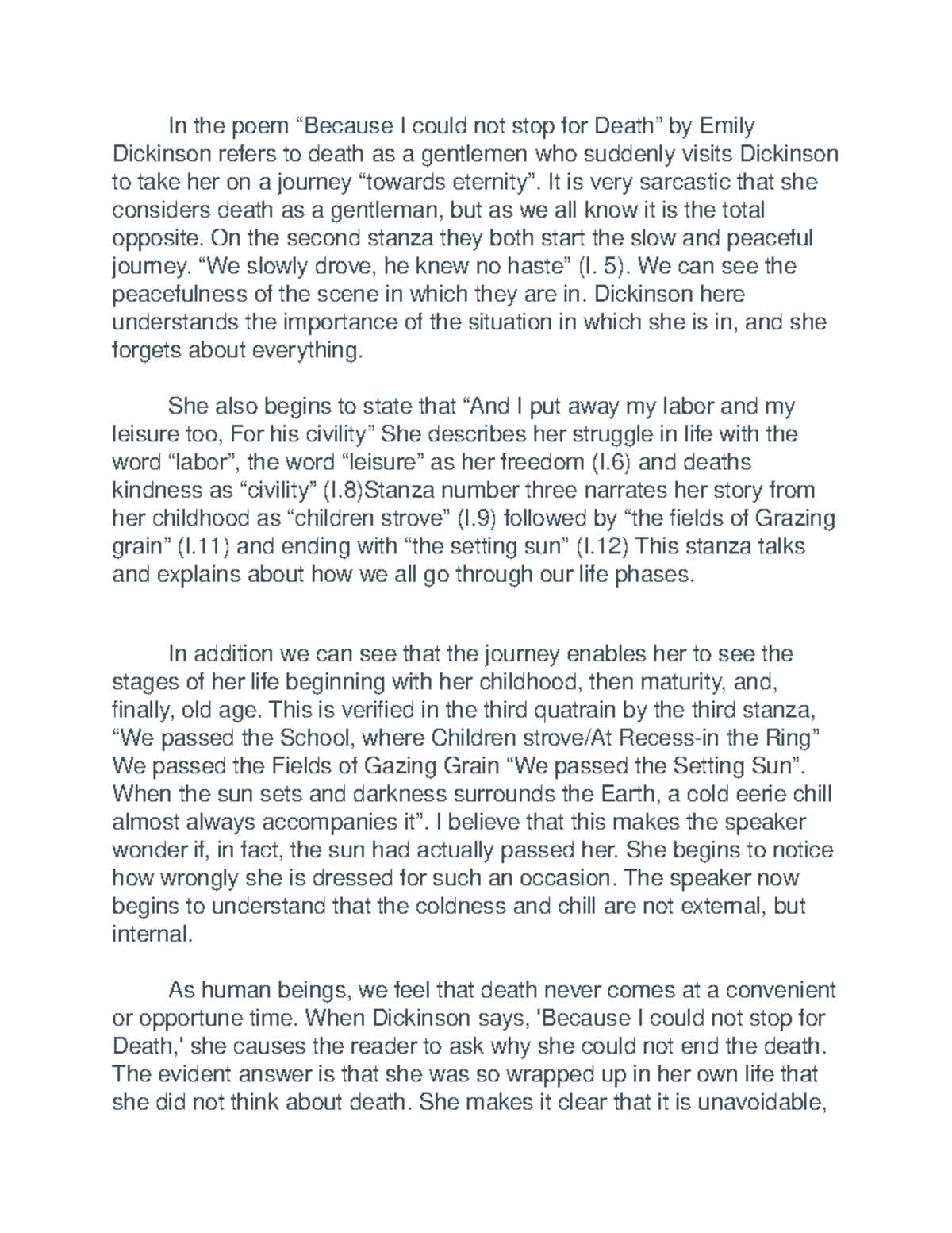 Emily Dickinson Poem Essay - I nt hepoem “ Becaus eIcoul dnots t opf ...