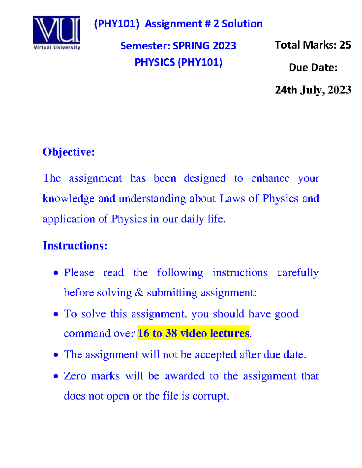 PHY101 Assignment 2 Sol - (PHY101) Assignment # 2 Solution Semester: SPRING 2023 PHYSICS (PHY101 ...