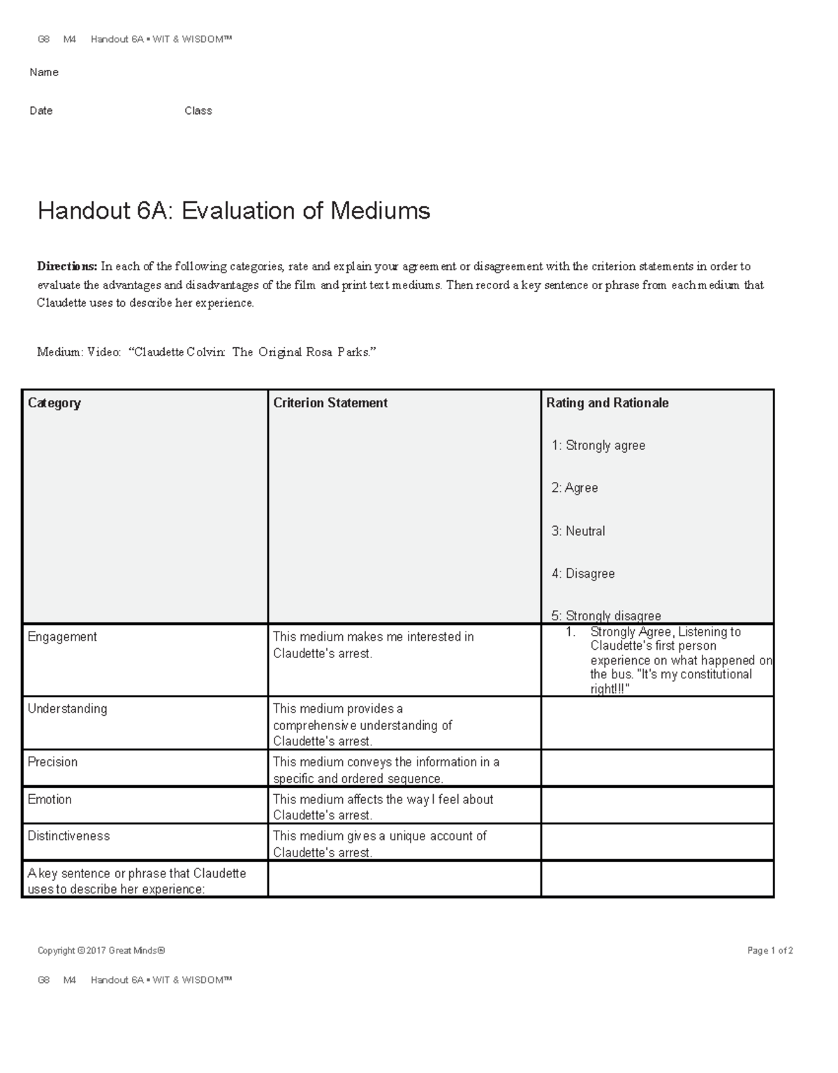 Copy of Student Handout 6A - G8 M4 Handout 6A • WIT & WISDOM™ Name Date ...