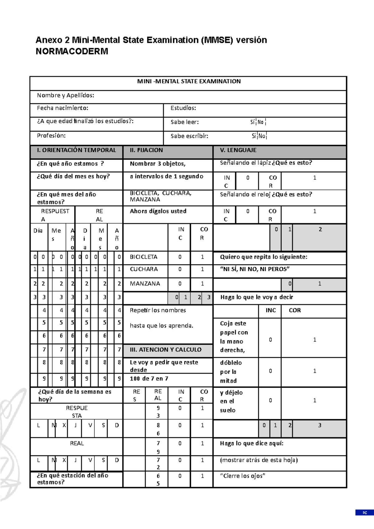 2 MINI Mental State - lectura - FC Anexo 2 Mini-Mental State ...
