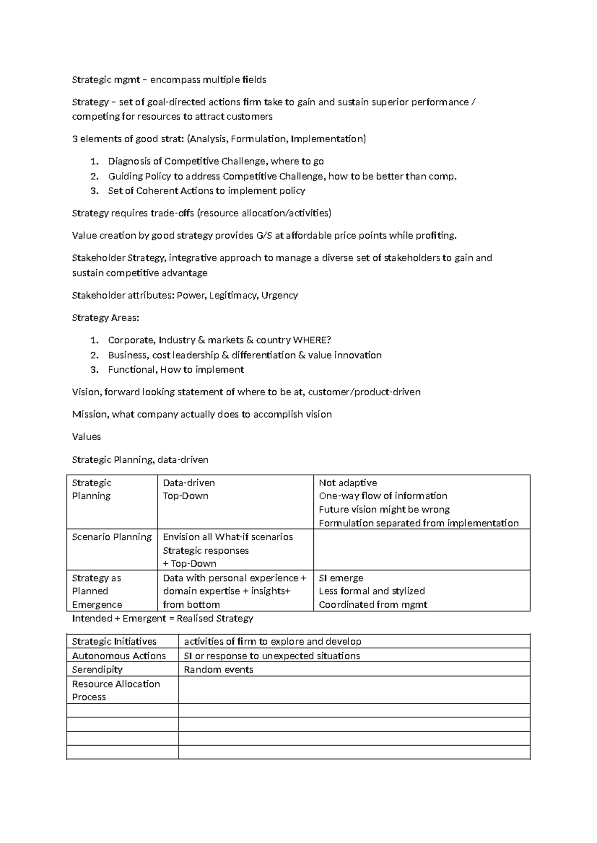Notes - Strategic mgmt – encompass multiple fields Strategy – set of ...