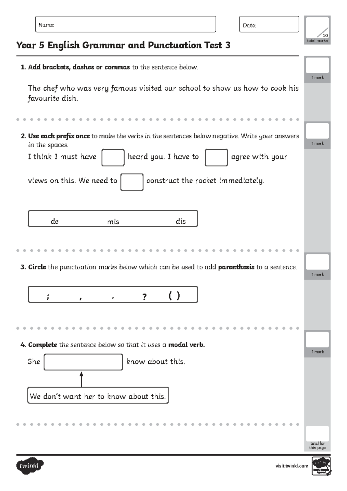 YEAR 5 Title - English Grammar and Punctuation Test 3 - total for this ...