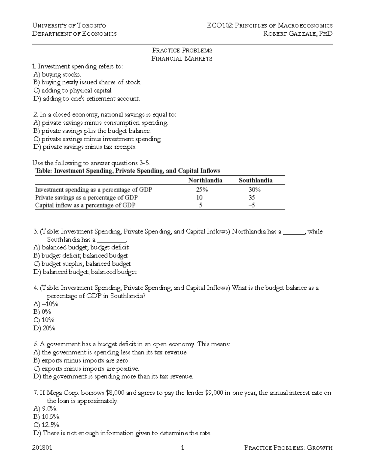 Practice Problems Financial Markets - UNIVERSITY OF TORONTO DEPARTMENT ...