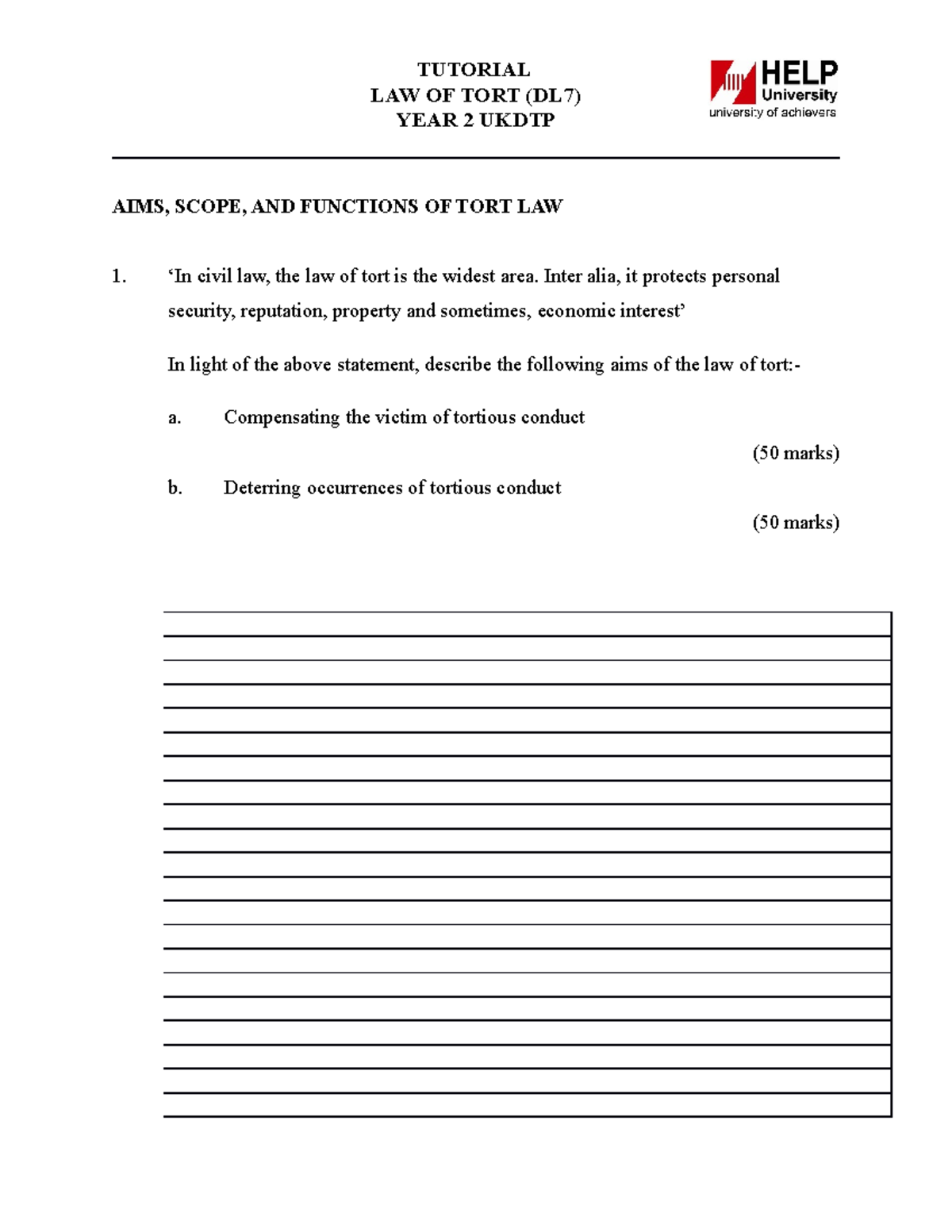 2. The Aims, Functions, Scope of Tort Law - TUTORIAL LAW OF TORT (DL7 ...